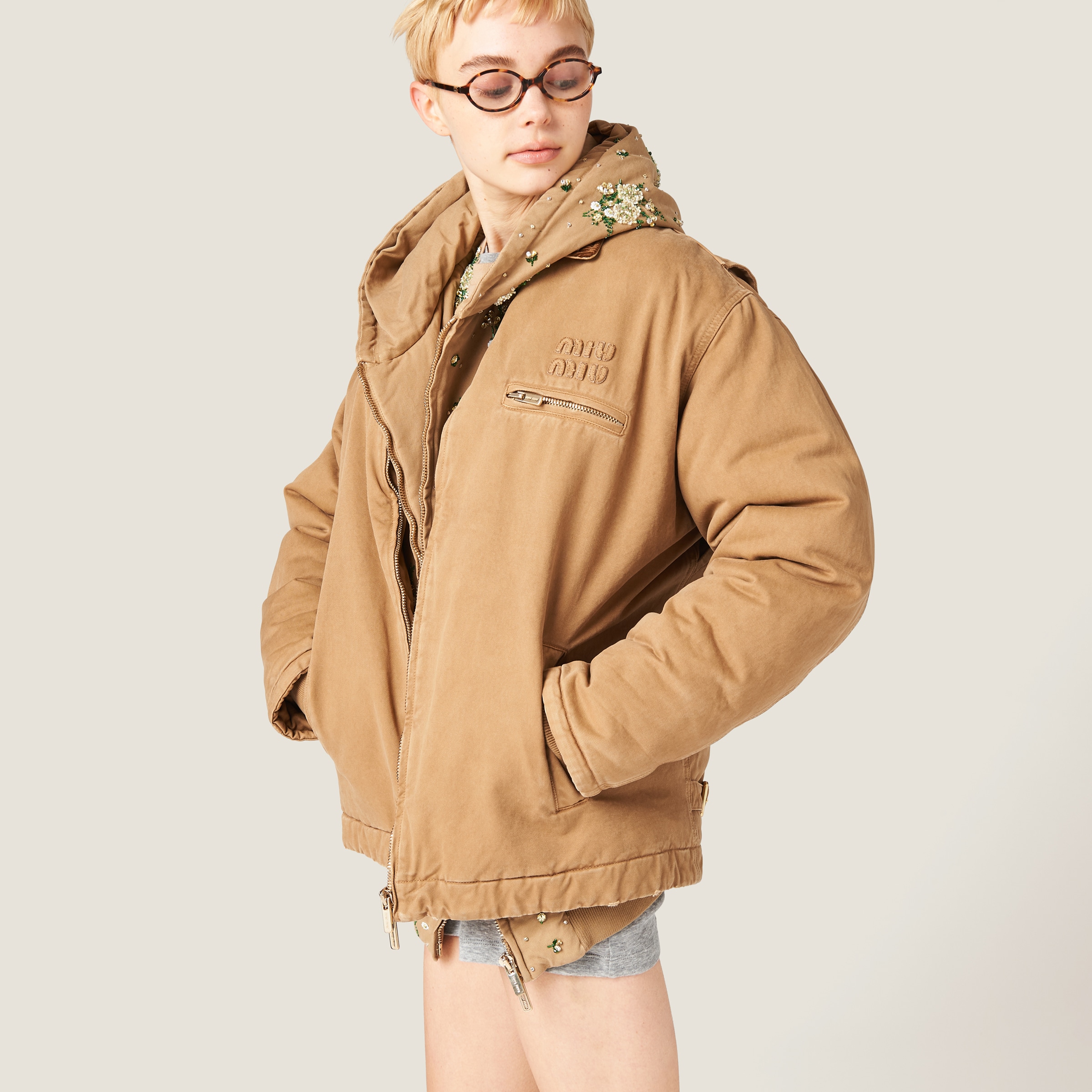Cord Embroidered Garment-dyed Gabardine Blouson Jacket | Miu Miu Cord Embroidered Garment-dyed Gabardine Blouson Jacket | Miu Miu
