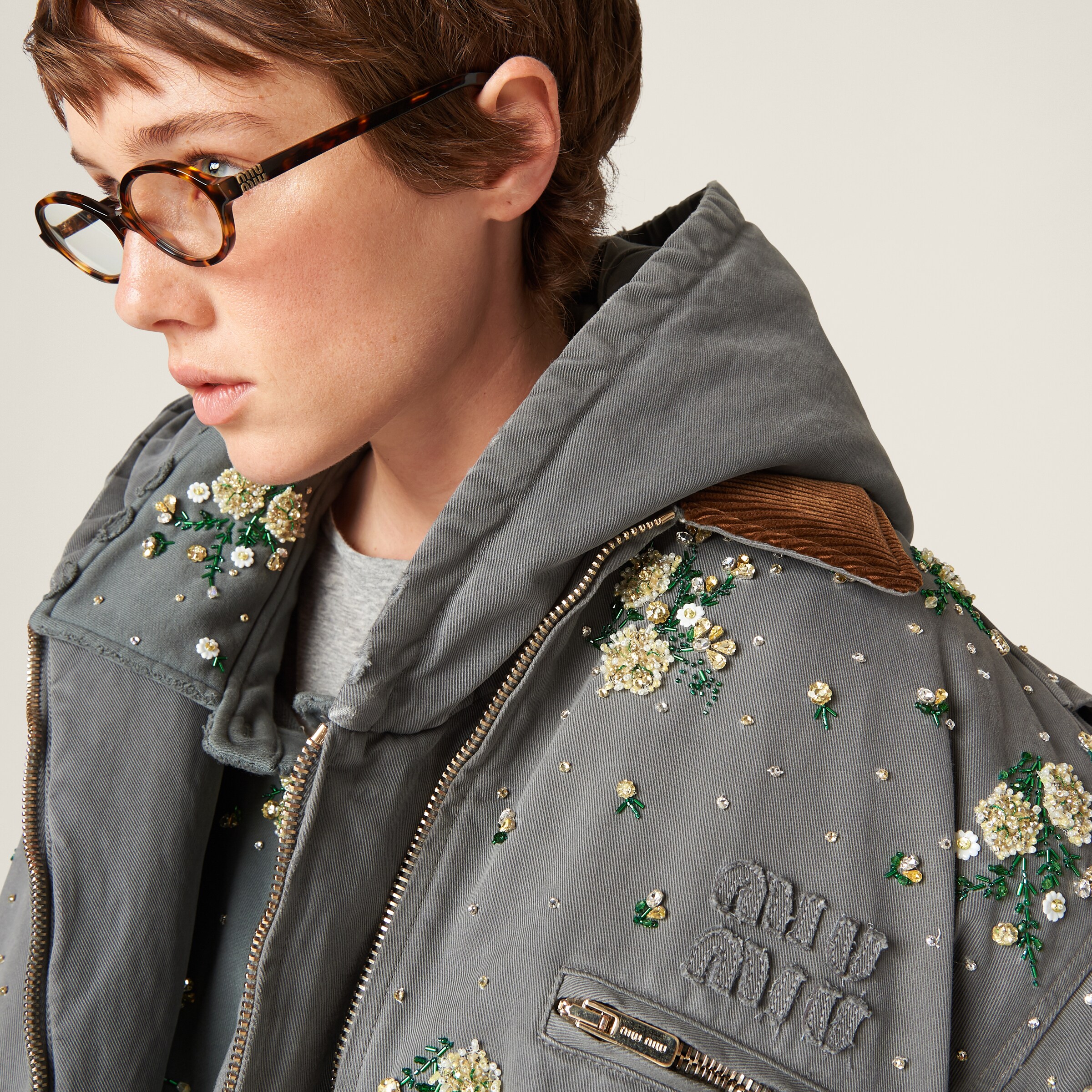 Iron Gray Embroidered Garment-dyed Gabardine Blouson Jacket | Miu Miu