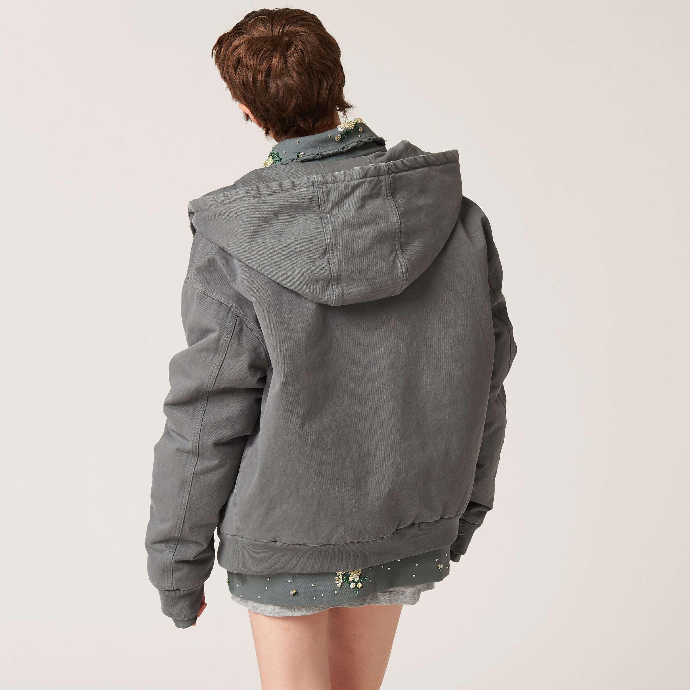 Iron Gray Garment-dyed Blouson Jacket With Embroidered Logo | Miu Miu