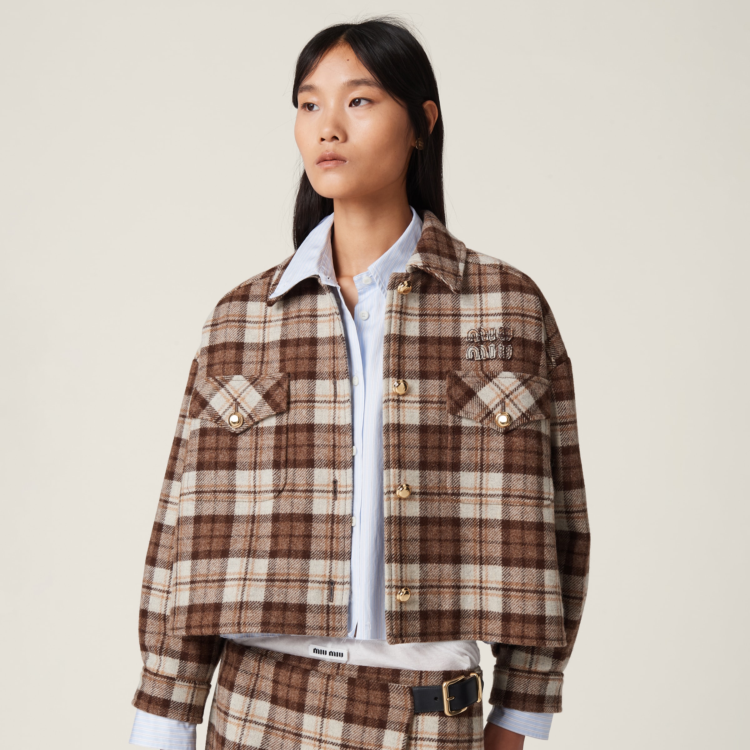 Cocoa Brown Check Blouson Jacket | Miu Miu