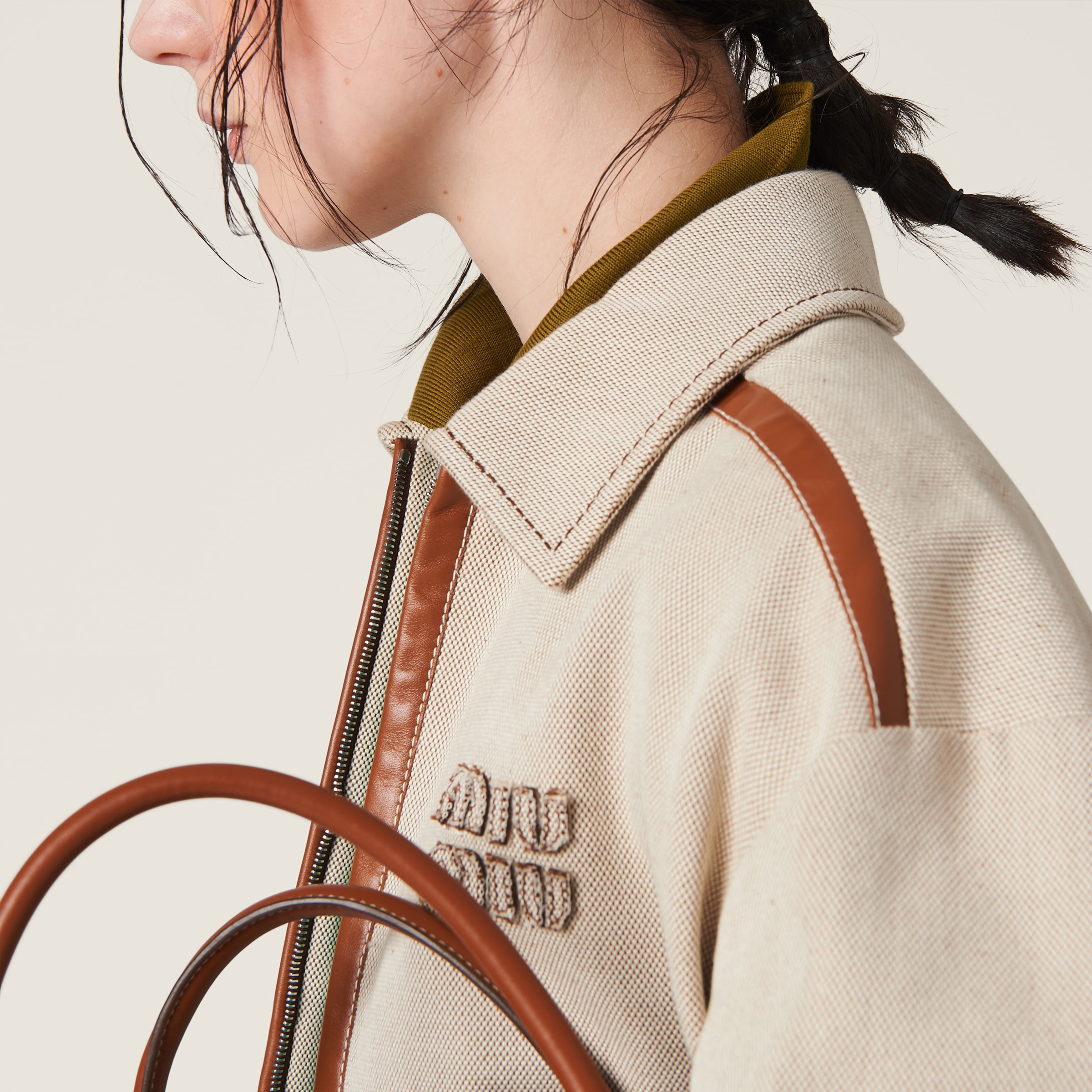 Beige/cognac Jacquard Canvas Blouson Jacket | Miu Miu Beige/cognac Jacquard Canvas Blouson Jacket | Miu Miu