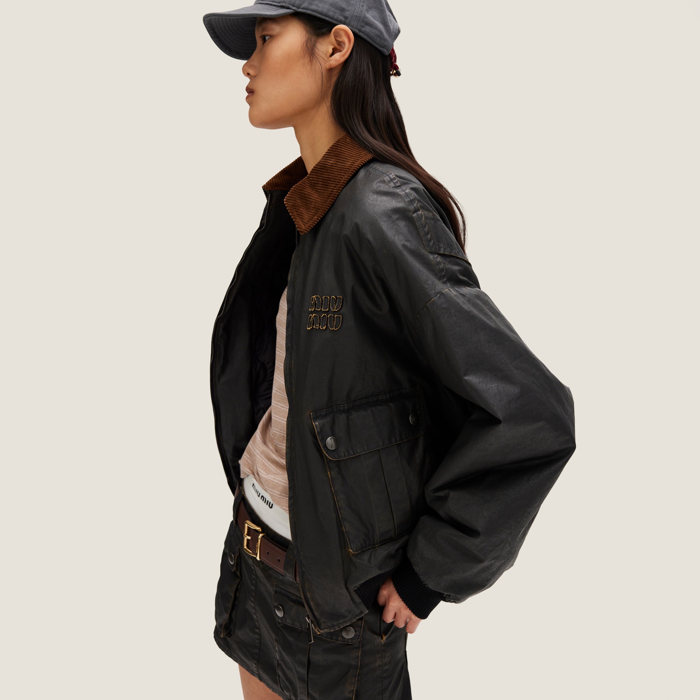 Black Resin-finish Poplin Bomber Jacket | Miu Miu