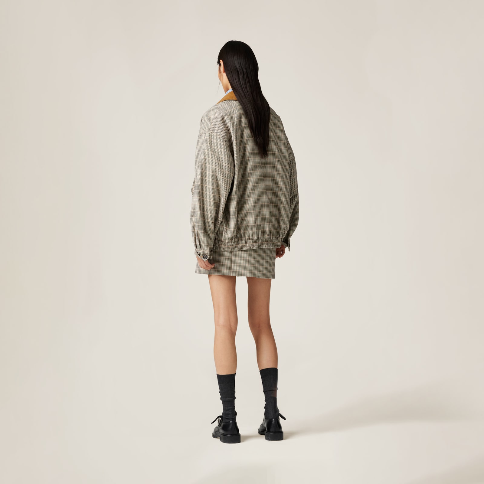 Cocoa Brown Checked Double Weave Blouson Jacket | Miu Miu