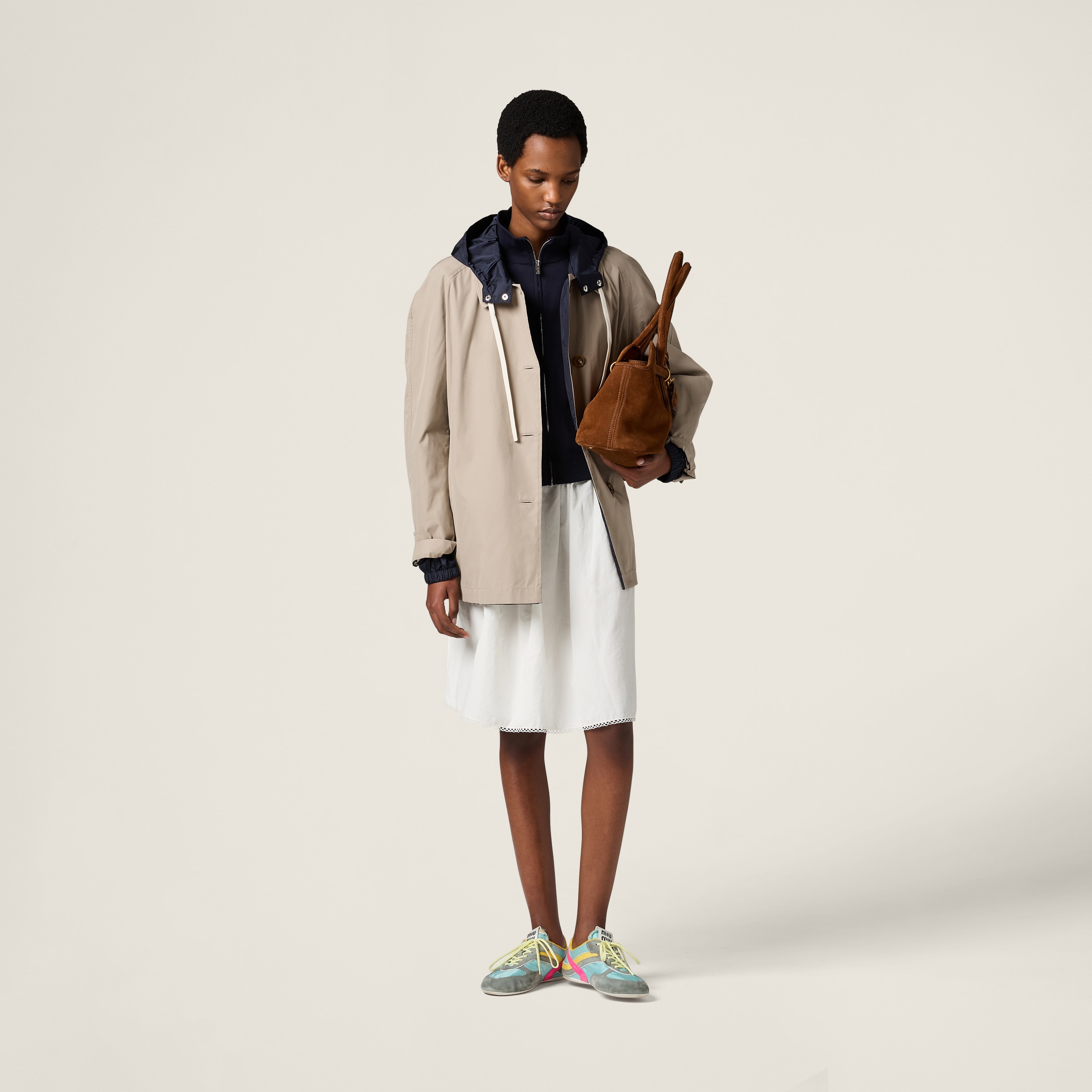 Clay/navy Panama Cotton And Technical Pongé Blouson Jacket | Miu Miu ...