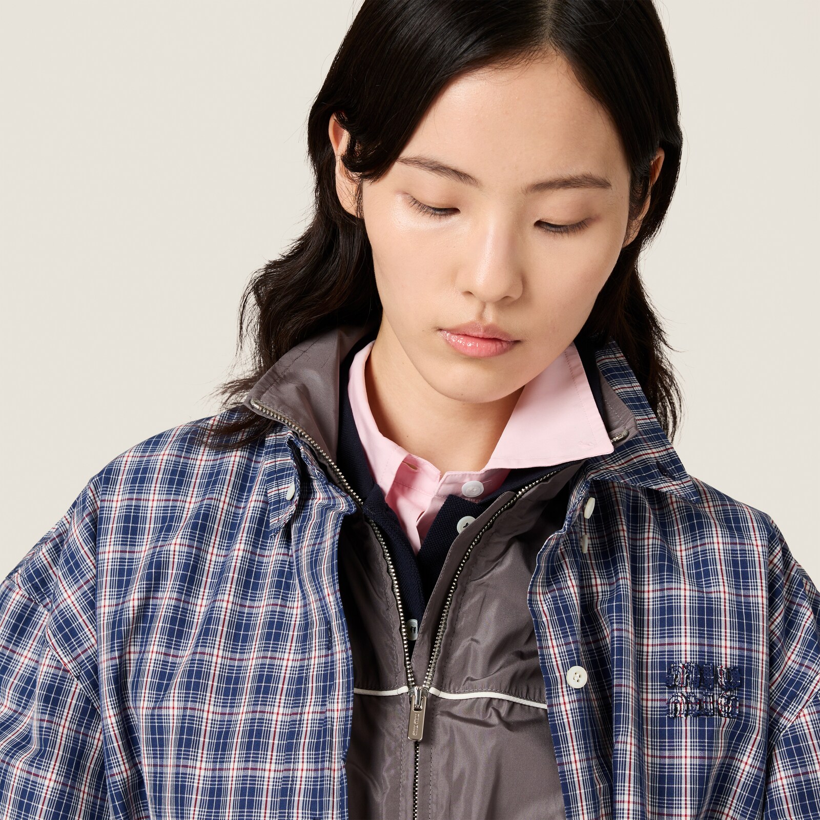 Bright Blue/red Checked Fabric Blouson Jacket | Miu Miu
