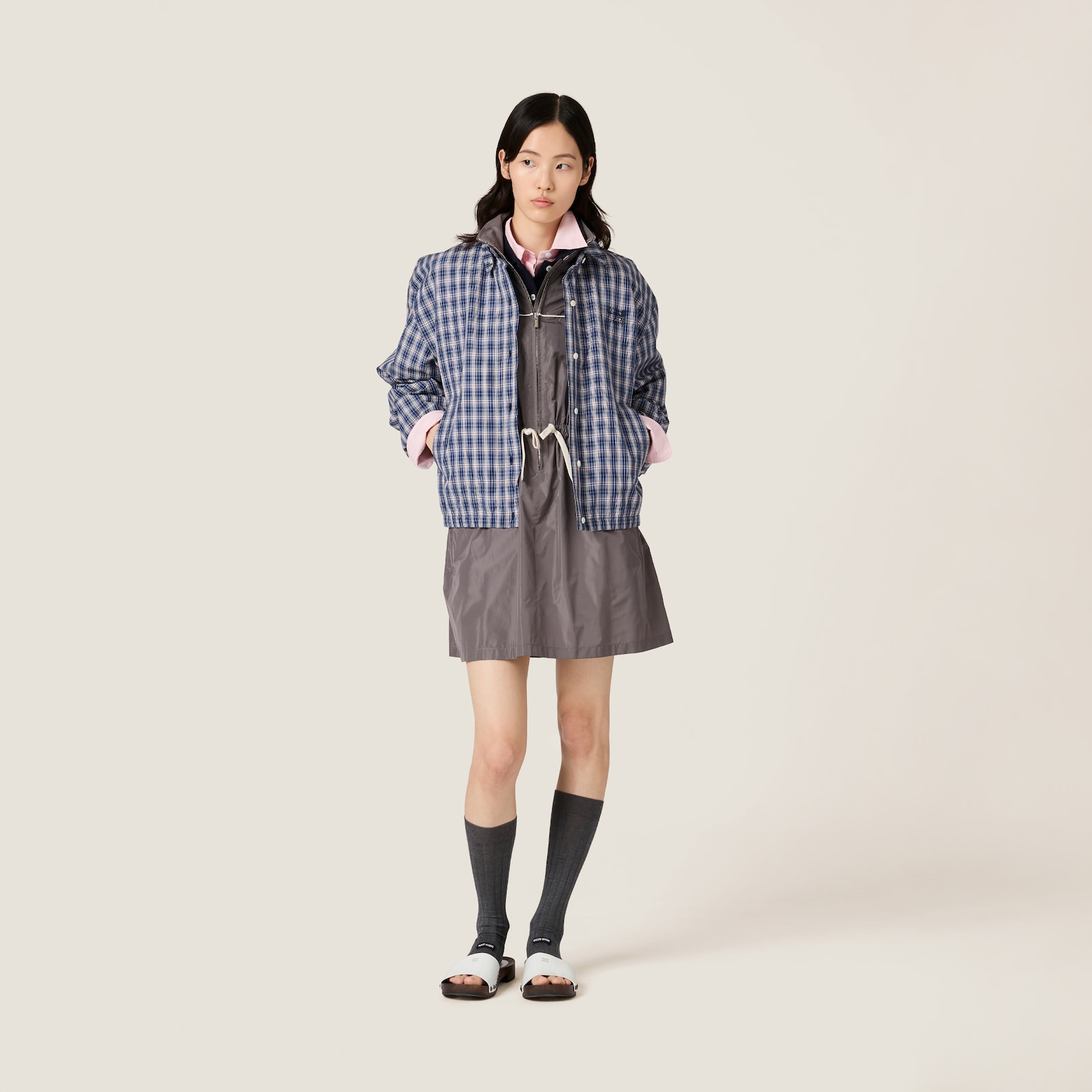 Bright Blue/red Checked Fabric Blouson Jacket | Miu Miu