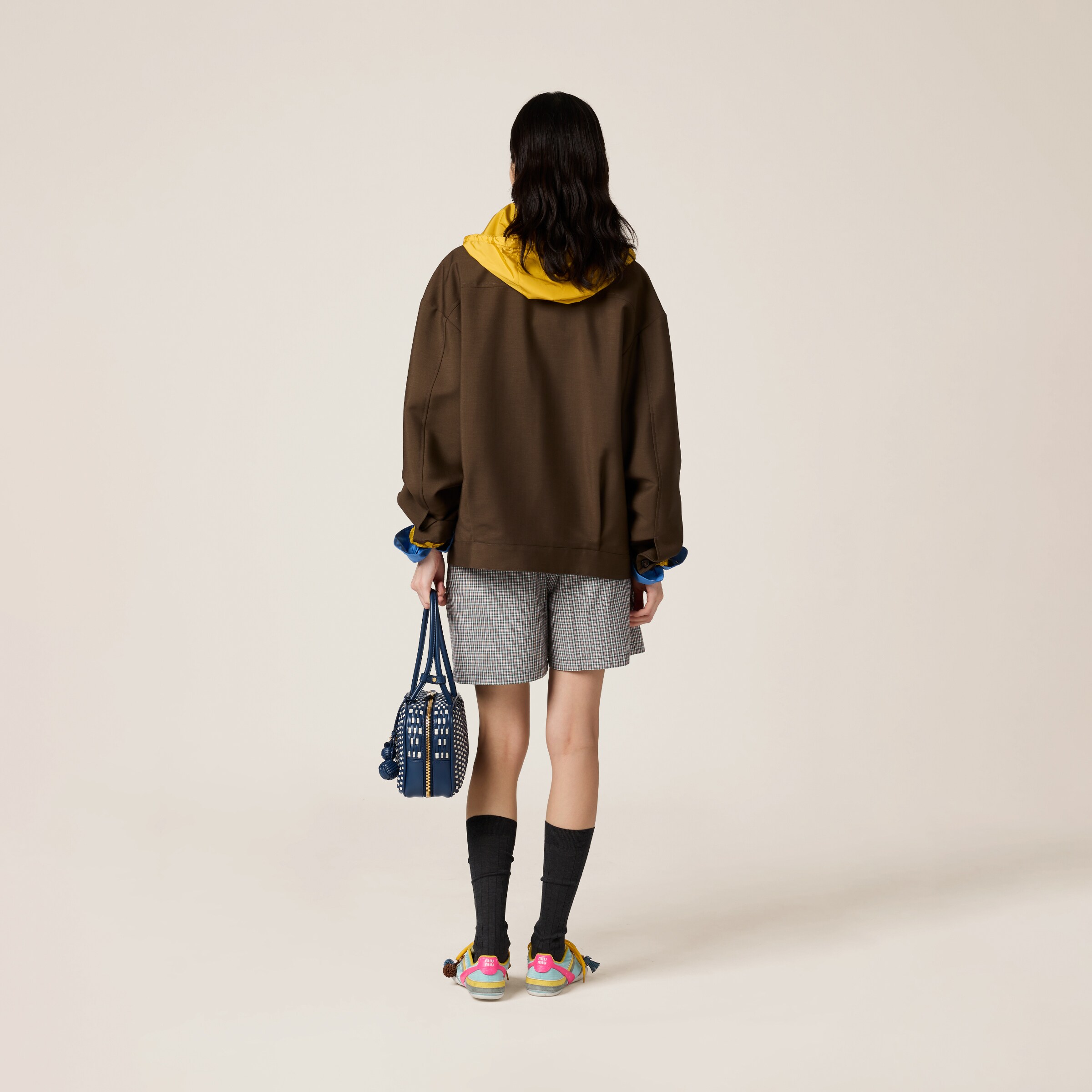 Peat Brown/mustard Kid Mohair And Technical Pongé Blouson Jacket | Miu Miu