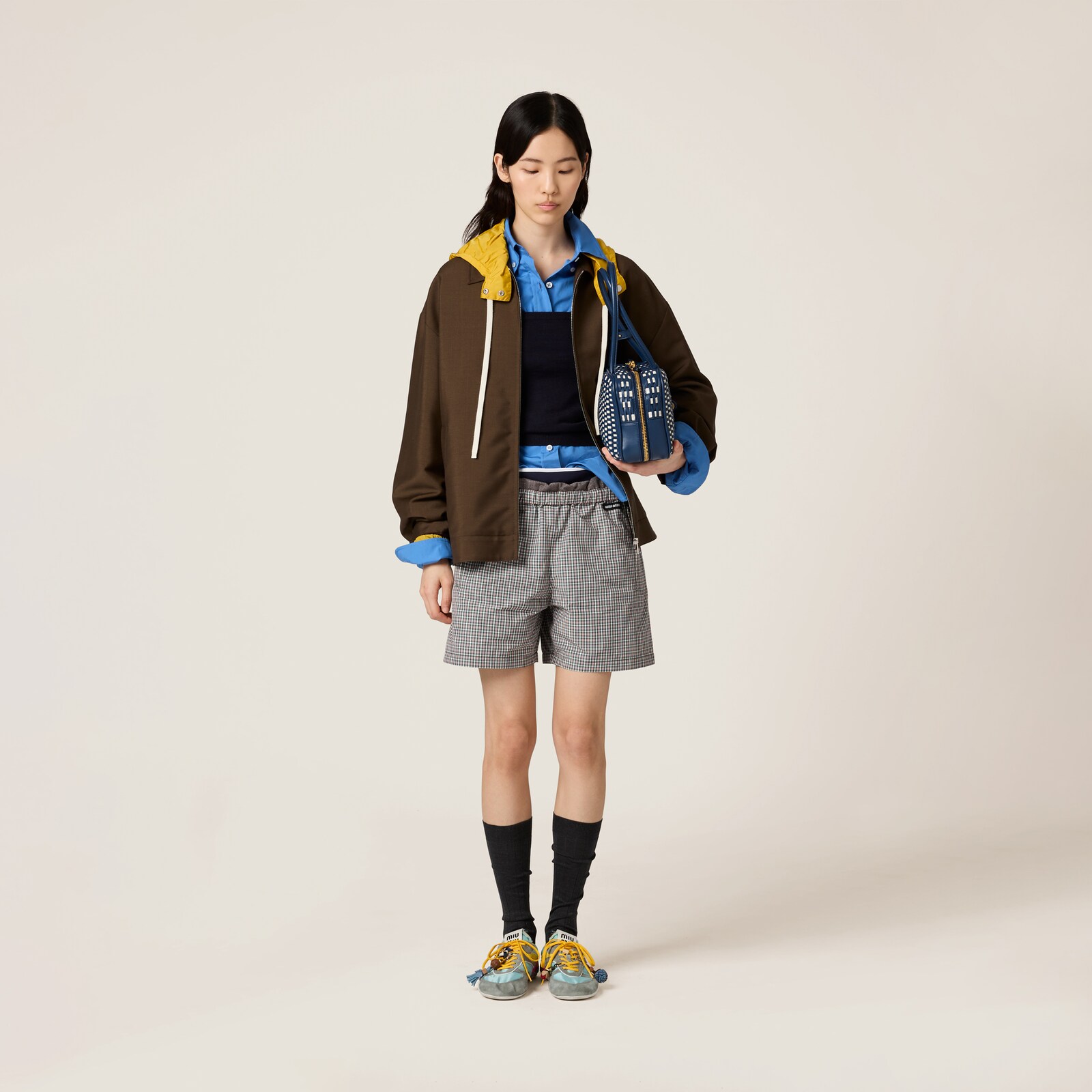 Peat Brown/mustard Kid Mohair And Technical Pongé Blouson Jacket | Miu Miu