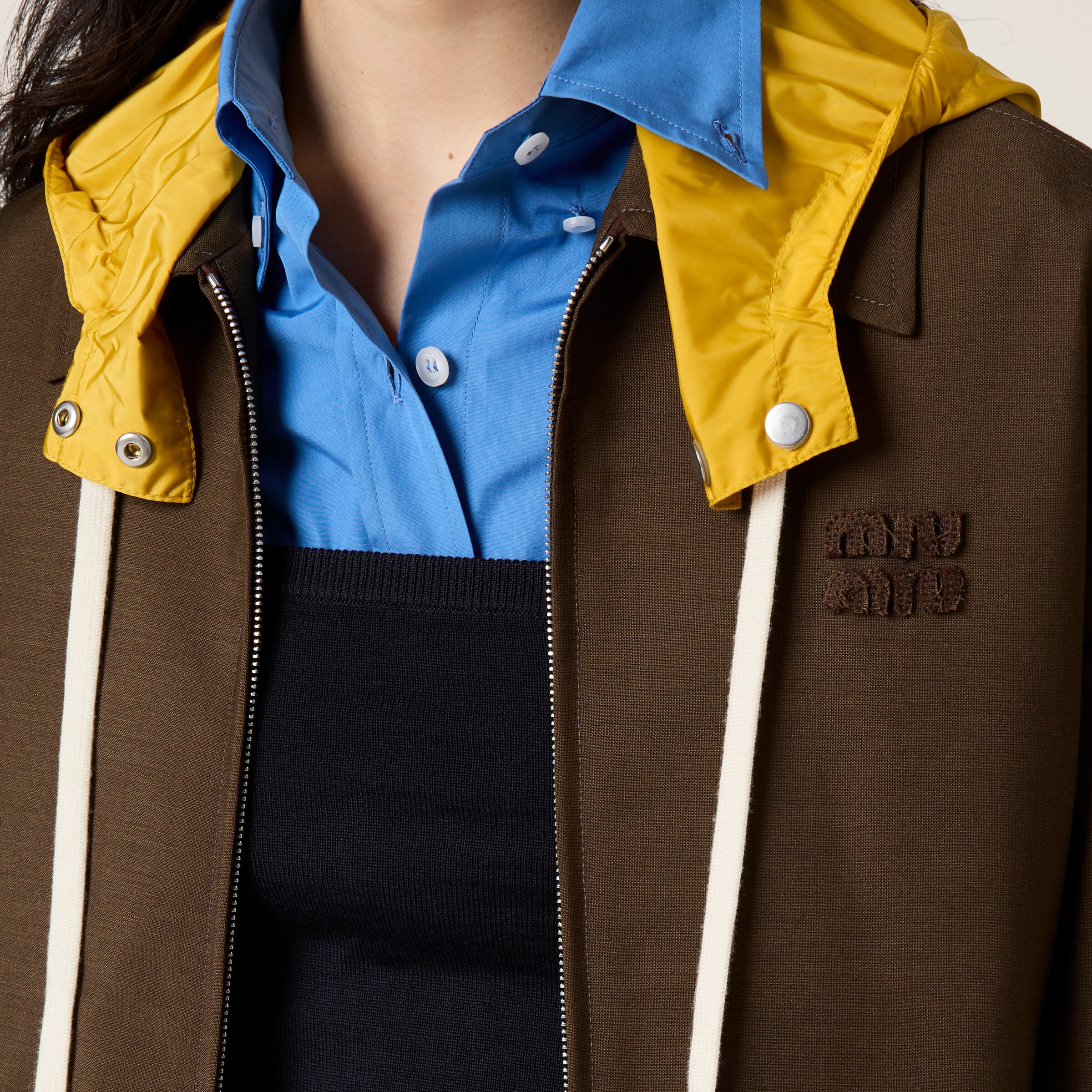 Peat Brown/mustard Kid Mohair And Technical Pongé Blouson Jacket | Miu Miu