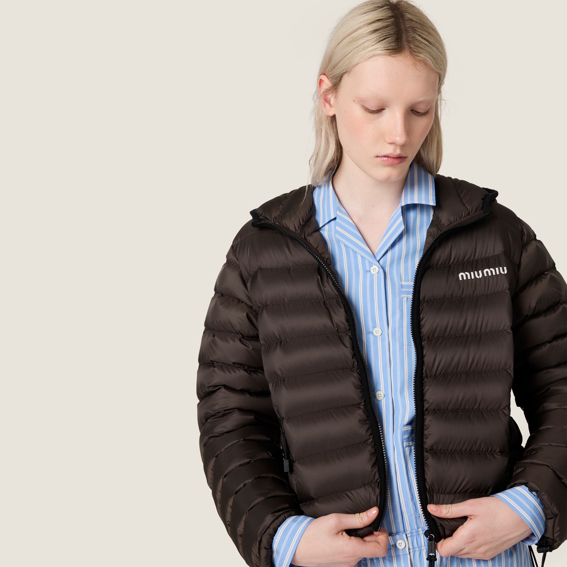 Forest Green Light Pongé Down Hoodie Jacket | Miu Miu