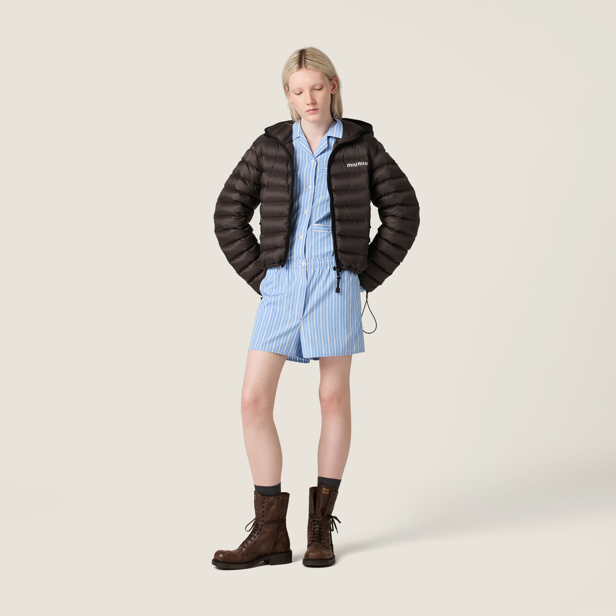 Forest Green Light Pongé Down Hoodie Jacket | Miu Miu