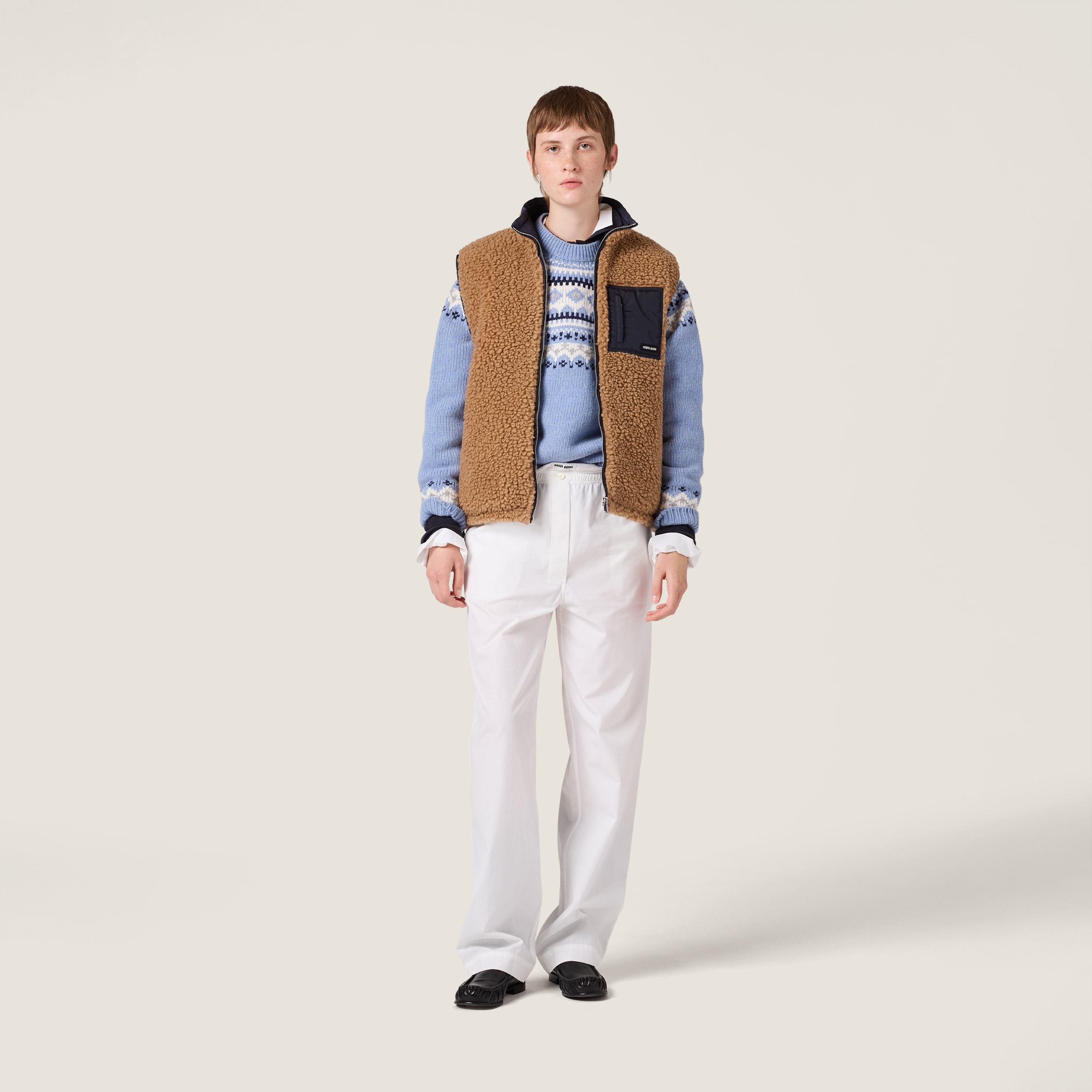 Camel/royal Blue Teddy Down Vest With Technical Pongé | Miu Miu ...