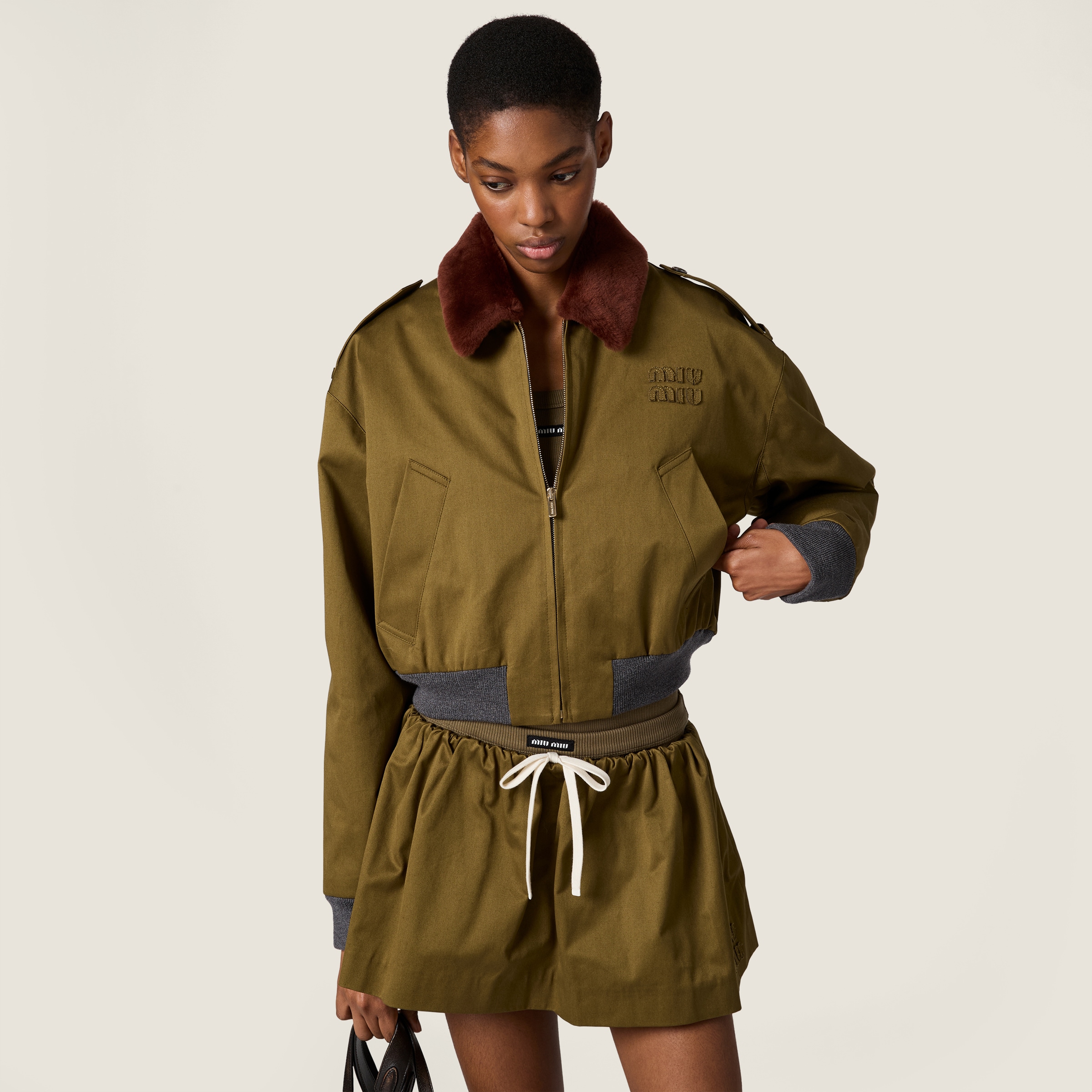 Military Green Cotton Satin Bomber Jacket | Miu Miu
