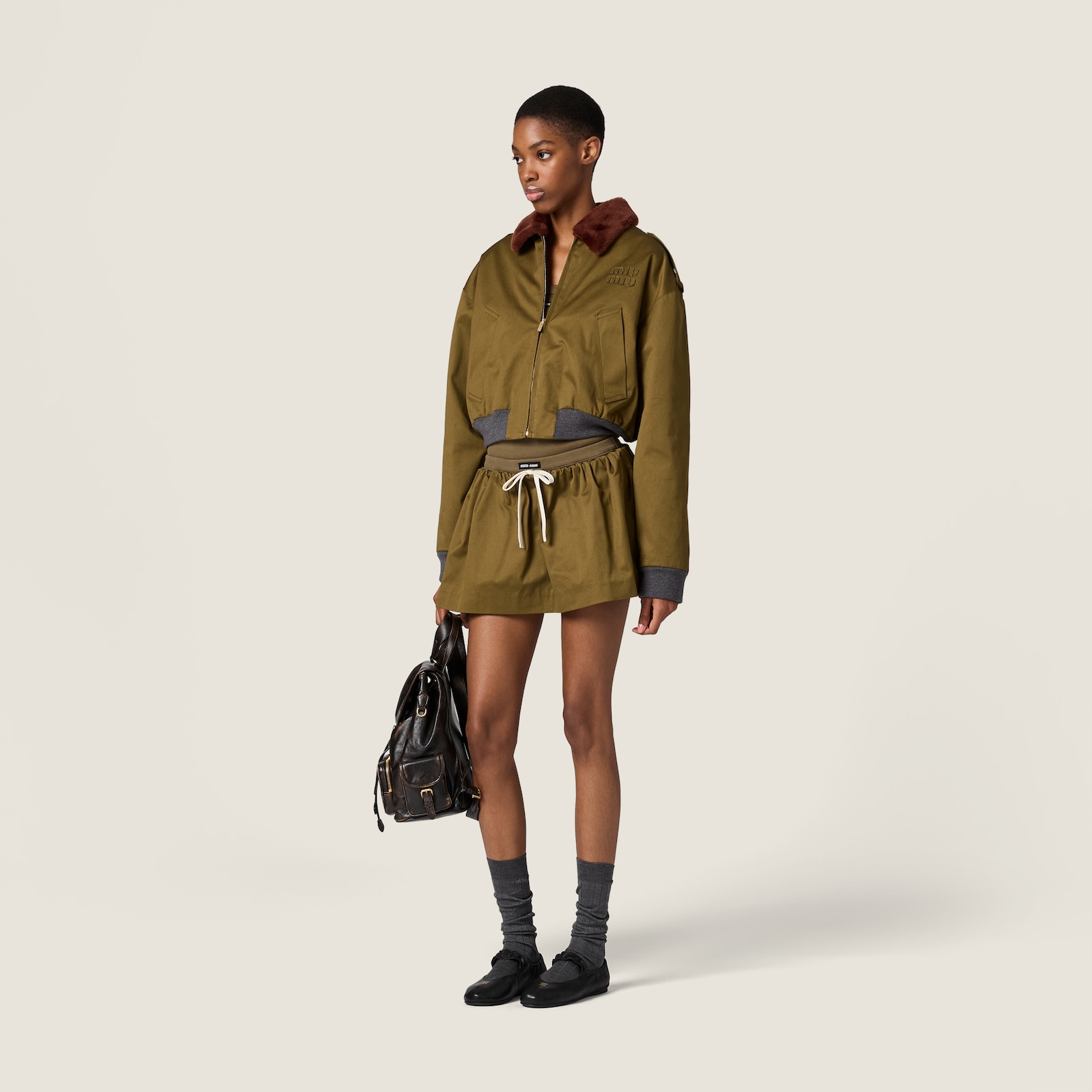 Military Green Cotton Satin Bomber Jacket | Miu Miu