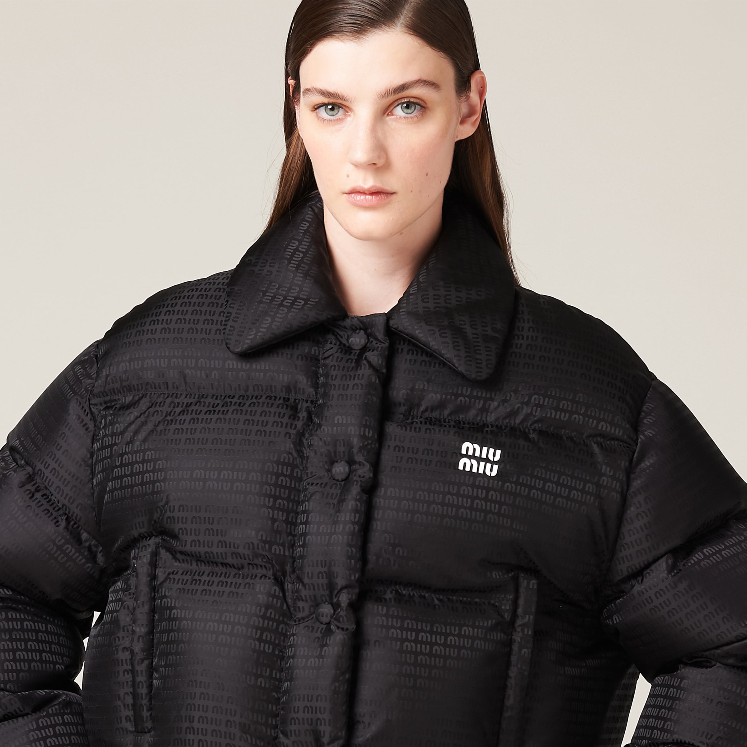 Black Cropped Nylon Down Jacket | Miu Miu