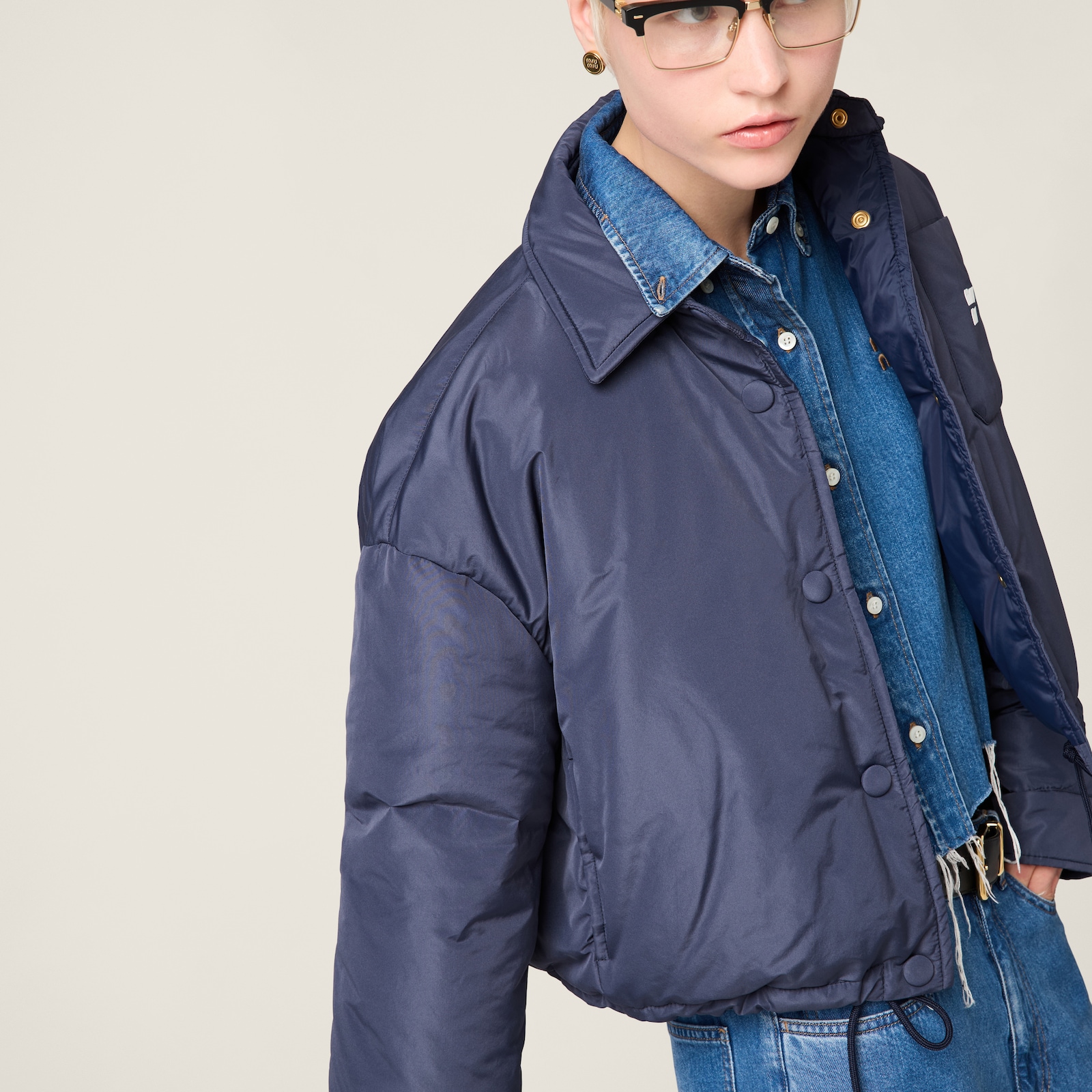 Navy Technical Pongé Cropped Down Jacket | Miu Miu