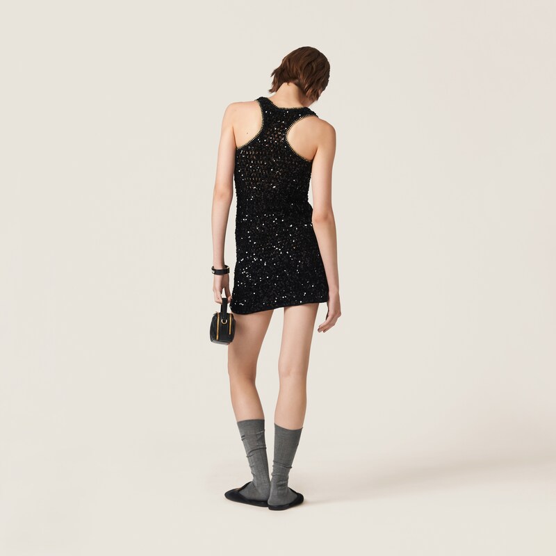 Black/gold Sequined Cotton Mini-dress | Miu Miu