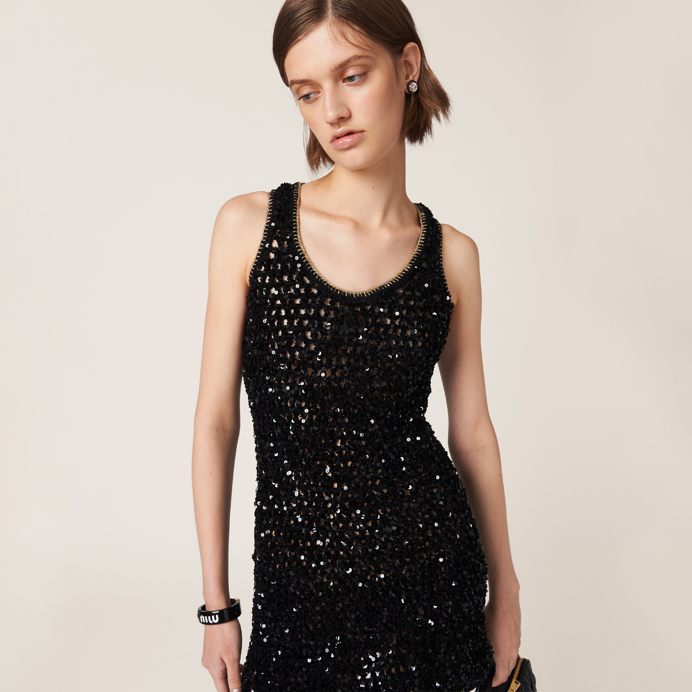 Black/gold Sequined Cotton Mini-dress | Miu Miu