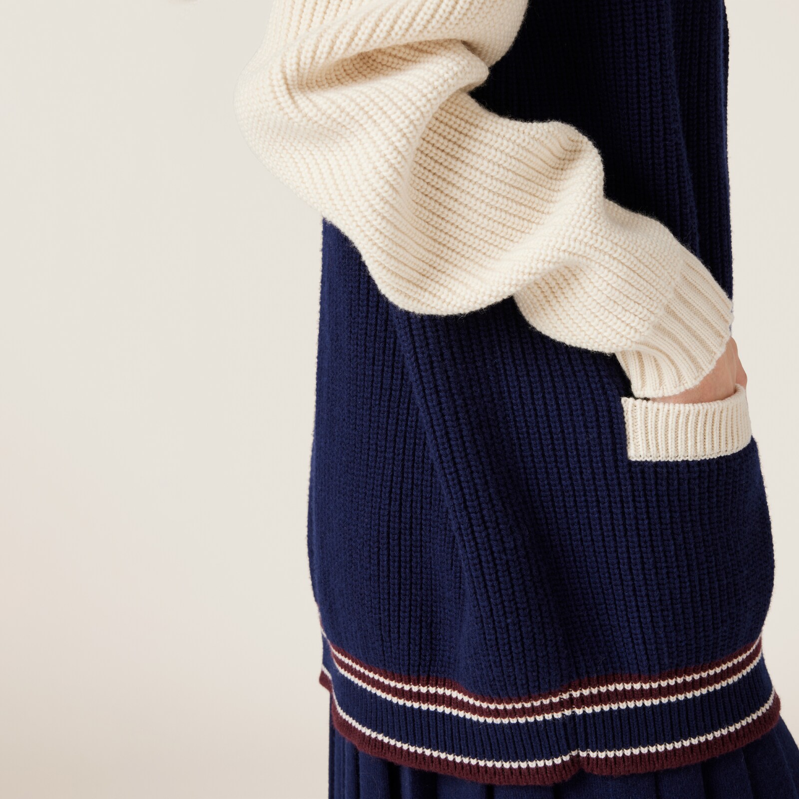 Navy Blue/natural Wool And Cashmere Cardigan | Miu Miu