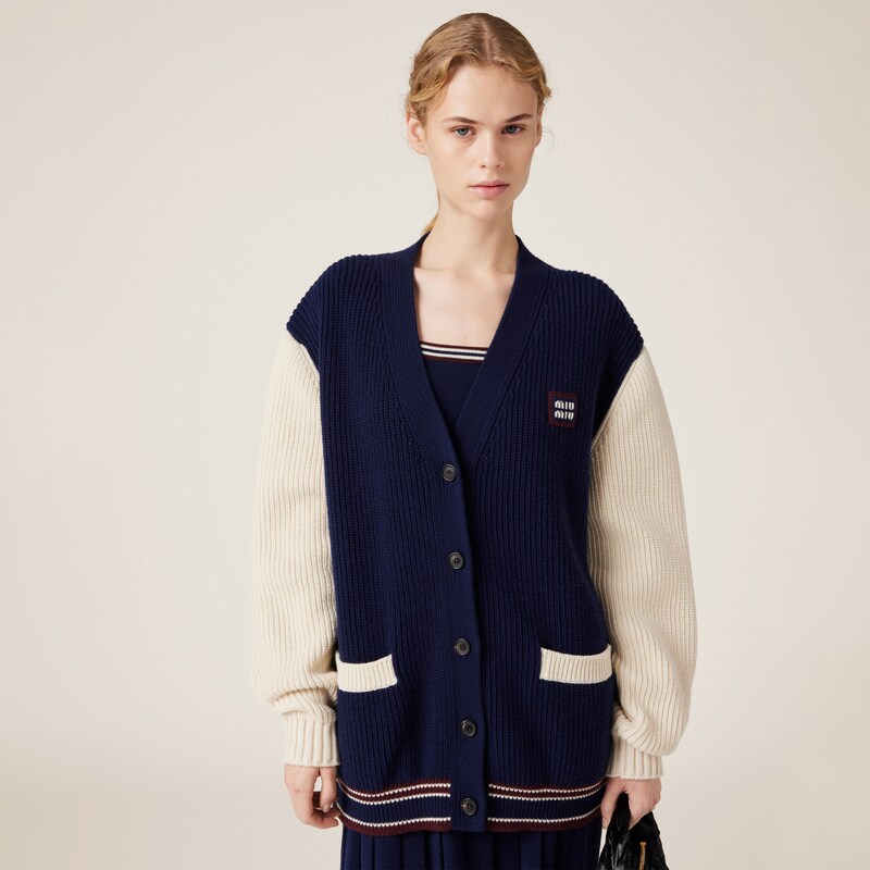 Navy Blue/natural Wool And Cashmere Cardigan | Miu Miu