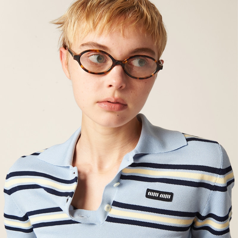 Light Blue Silk And Cotton Knit Polo Shirt | Miu Miu