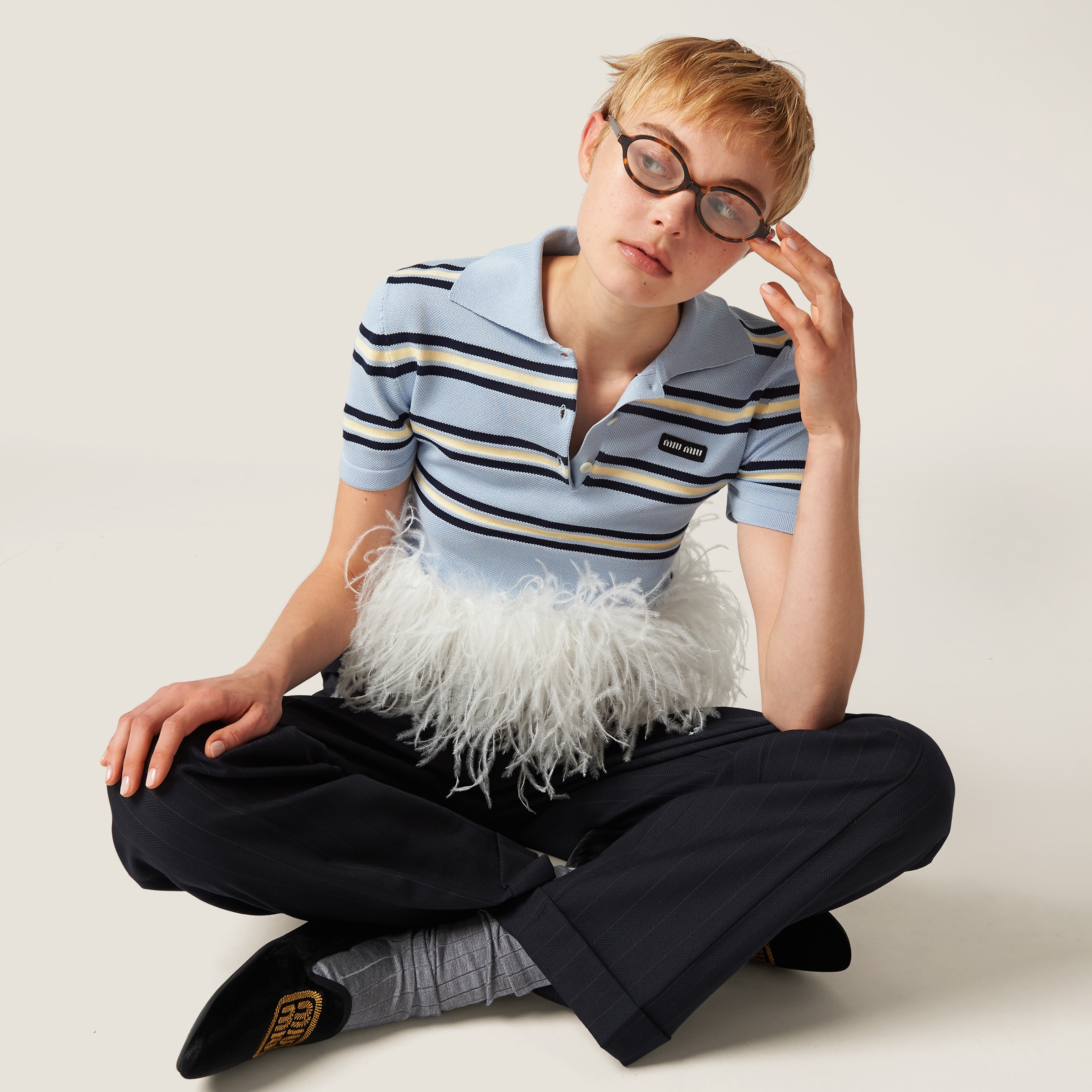 Light Blue Silk And Cotton Knit Polo Shirt | Miu Miu