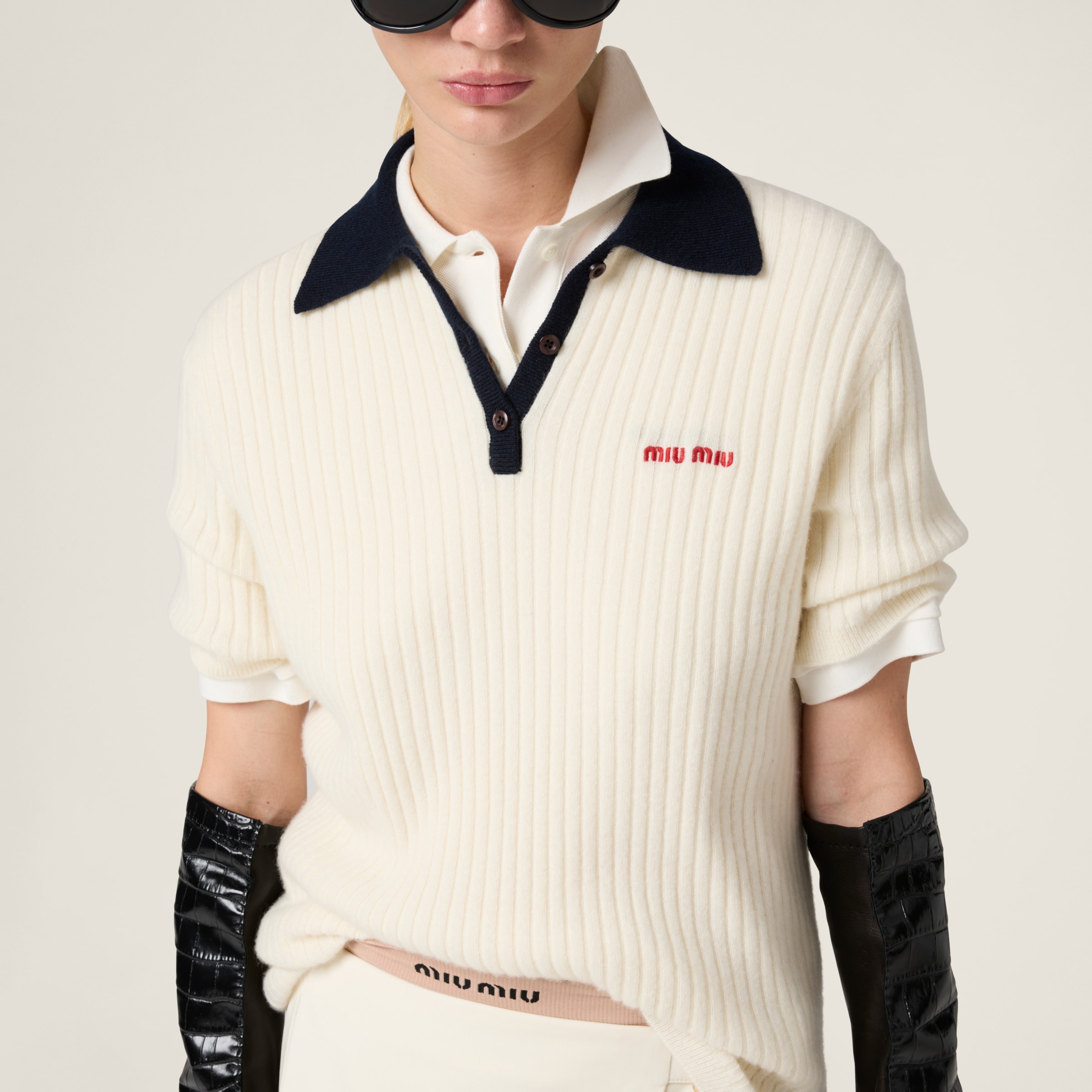 Natural/blue Ribbed Cashmere Polo Shirt | Miu Miu