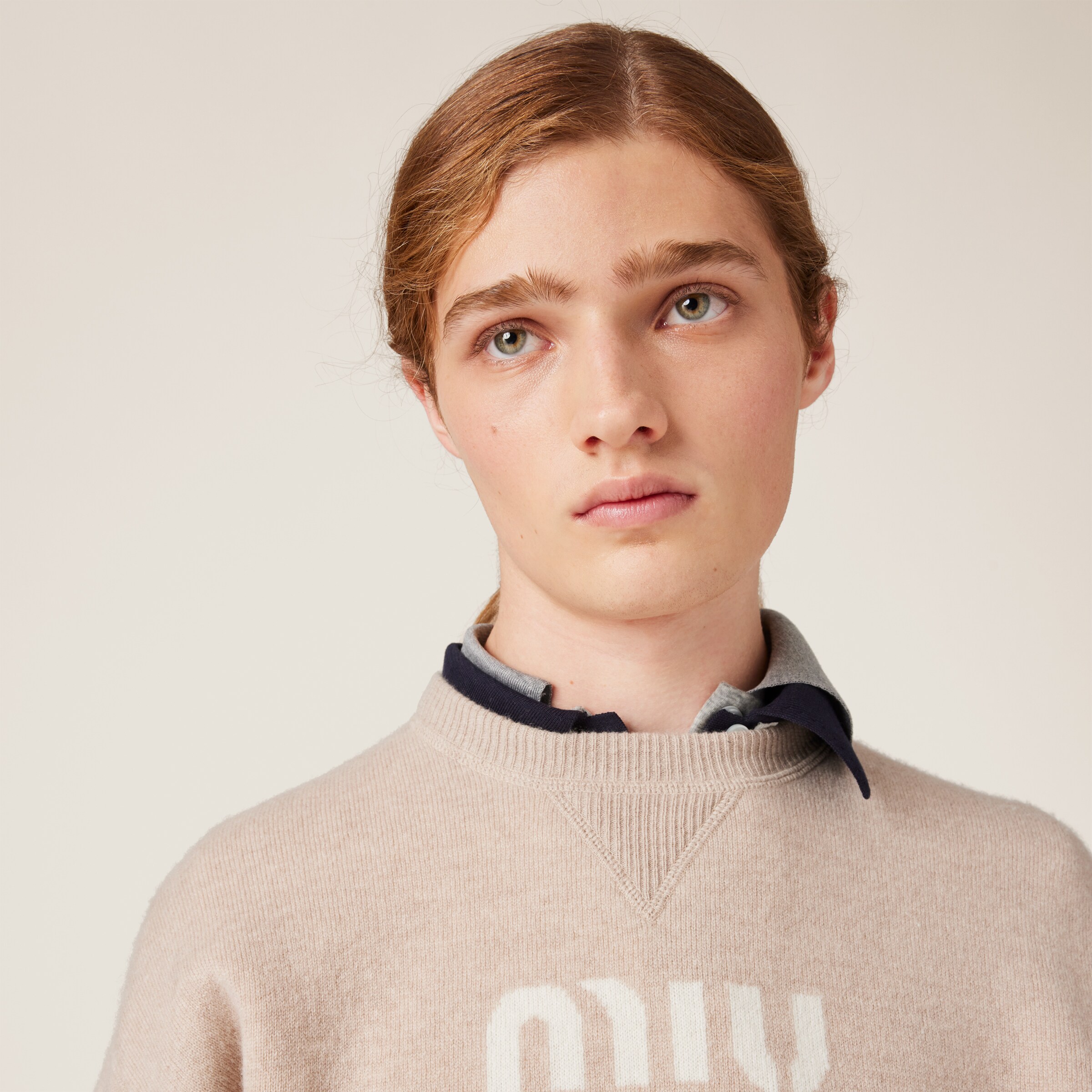 Sand Beige Double Cashmere Sweater With Logo | Miu Miu