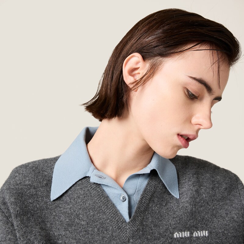 Slate Gray/aviator Blue Cashmere And Wool Polo Sweater | Miu Miu