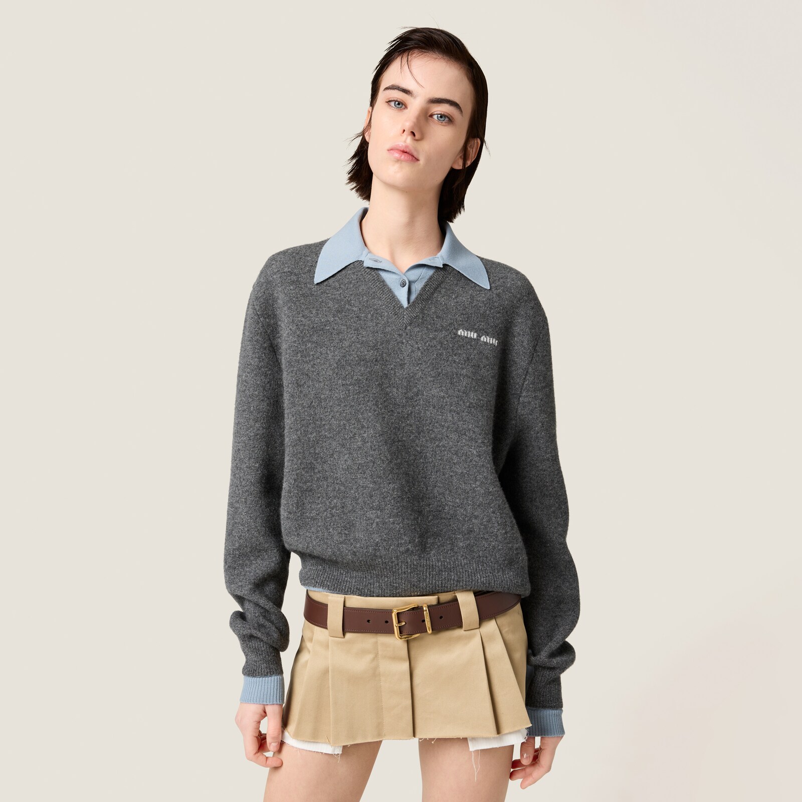 Slate Gray/aviator Blue Cashmere And Wool Polo Sweater | Miu Miu