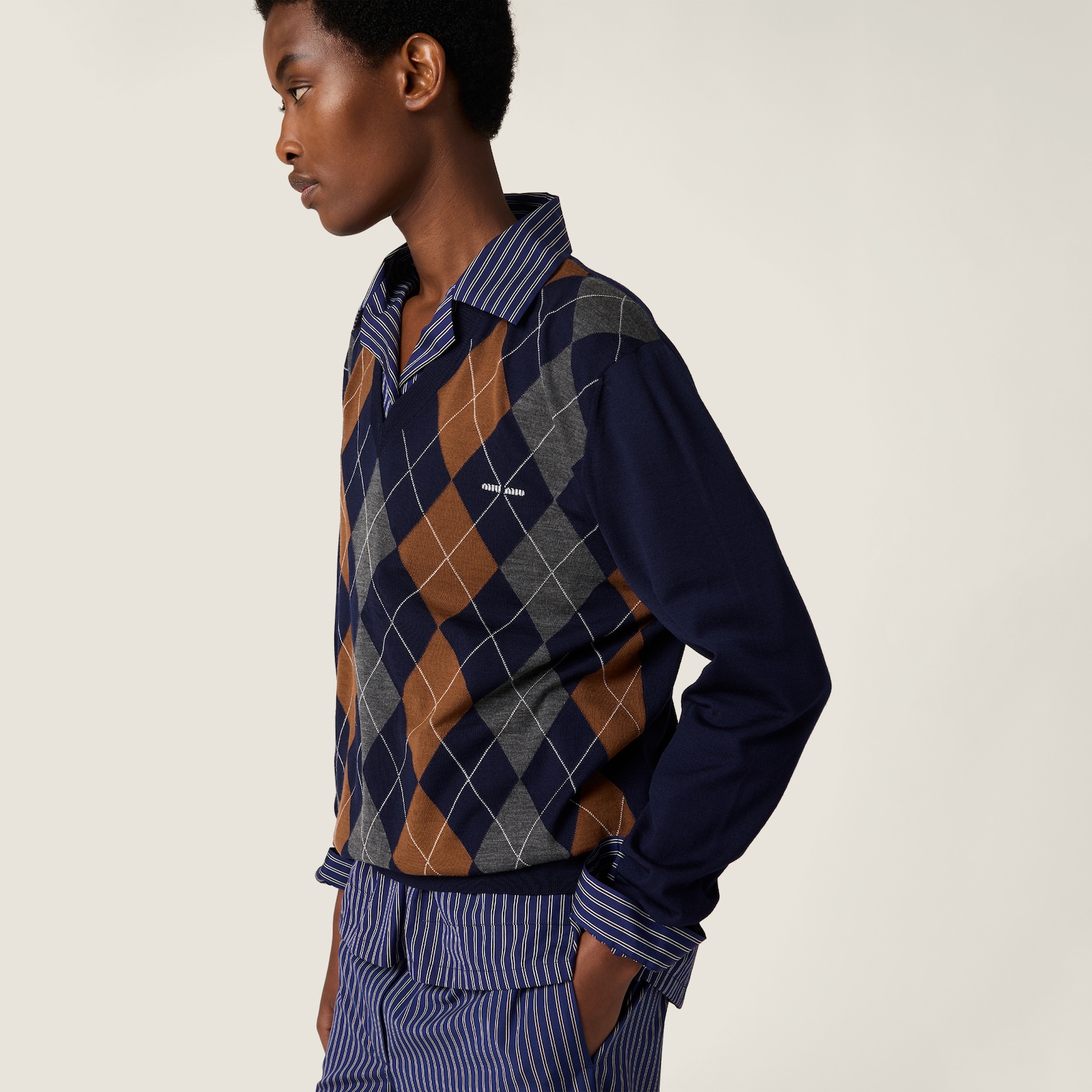 Navy V-necked Wool Sweater | Miu Miu