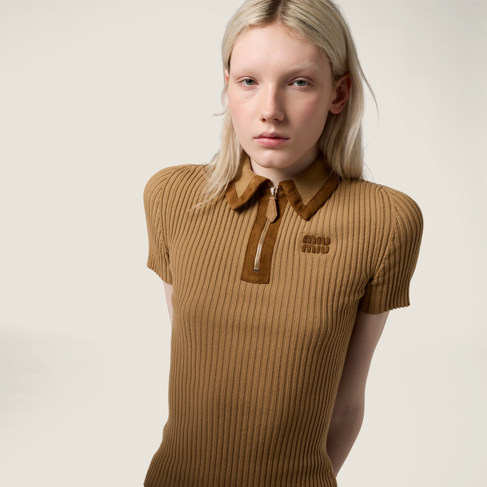 Sand Beige Ribbed Knit Cashmere Polo Sweater | Miu Miu