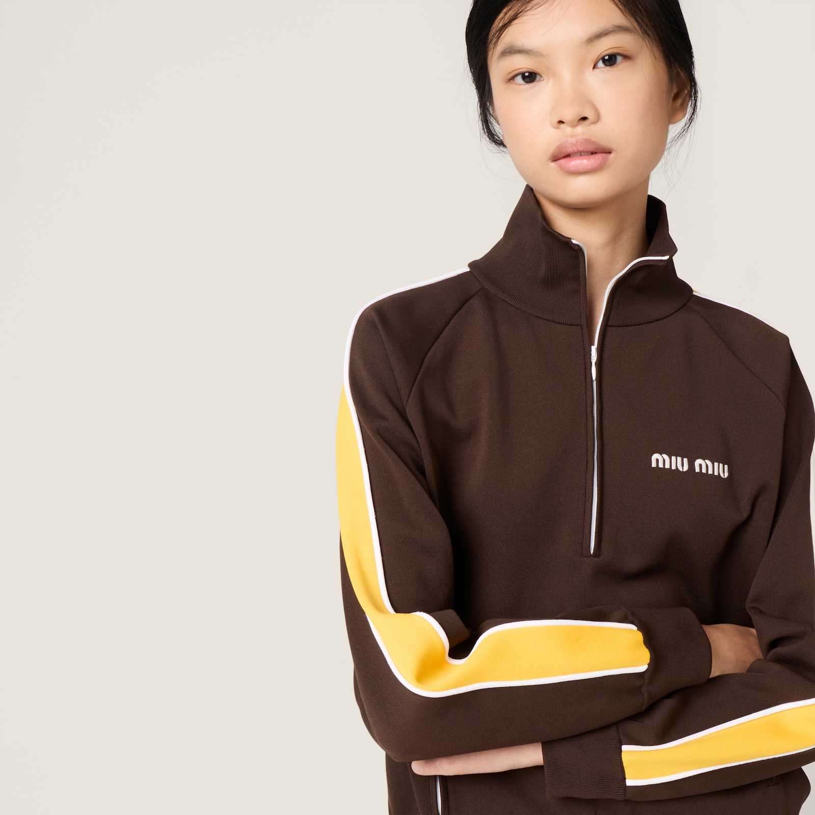 Dark Brown/corn Technical Yarn Zipper Sweatshirt | Miu Miu