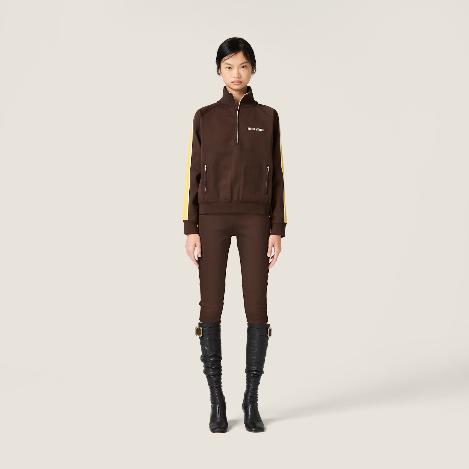 Dark Brown/corn Technical Yarn Zipper Sweatshirt | Miu Miu