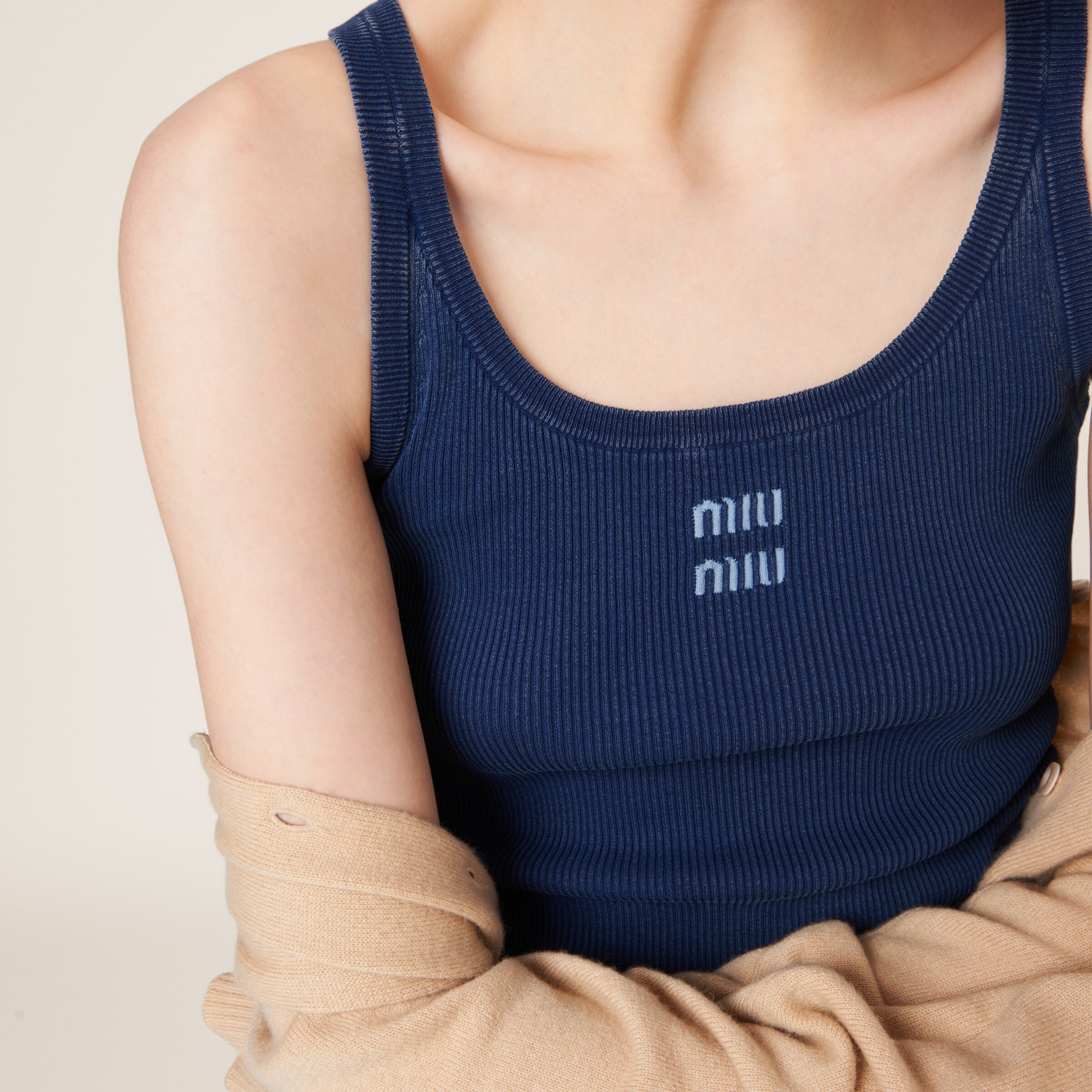 Navy Cotton Knit Tank Top | Miu Miu