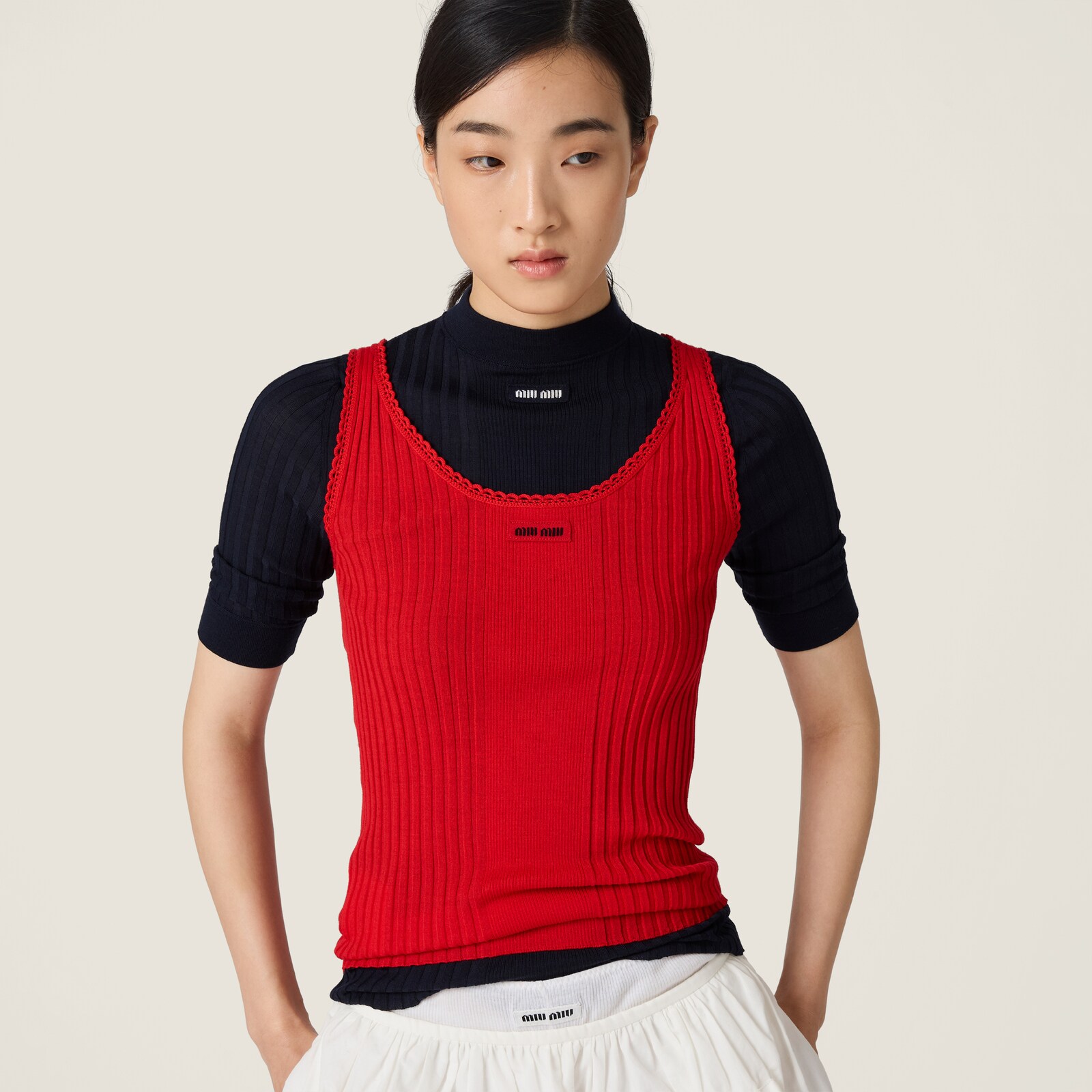 Red Ribbed Knit Wool Tank Top | Miu Miu - United States