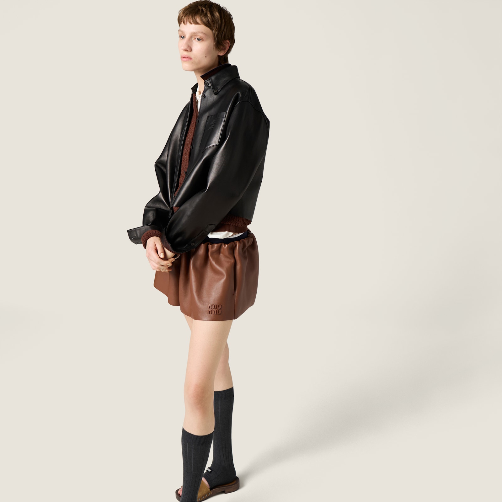 Mini-jupe En Cuir Plongé Nappa Palissandre | Miu Miu