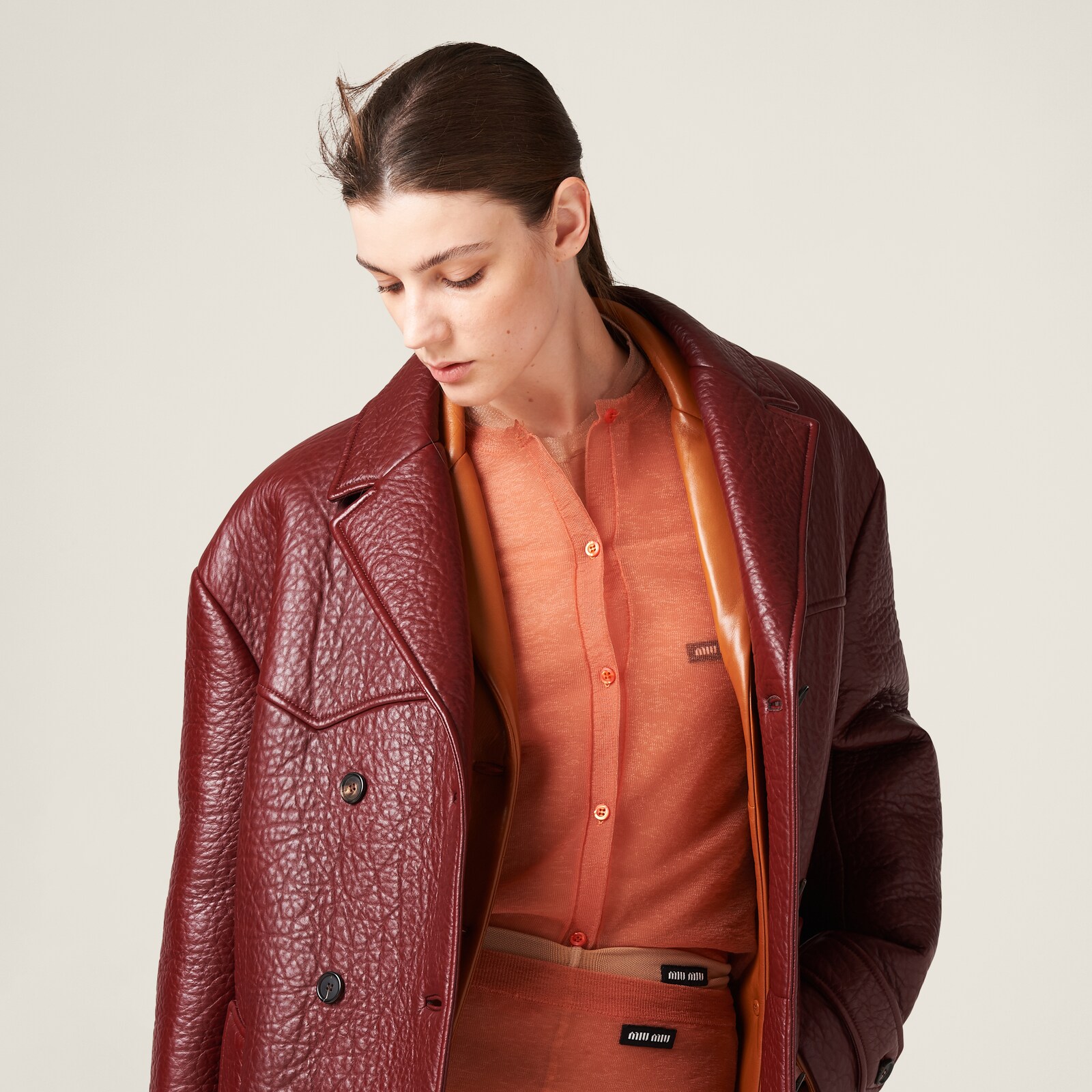 Amaranth Red/maize Yellow Double-breasted Nappa Leather Jacket | Miu Miu