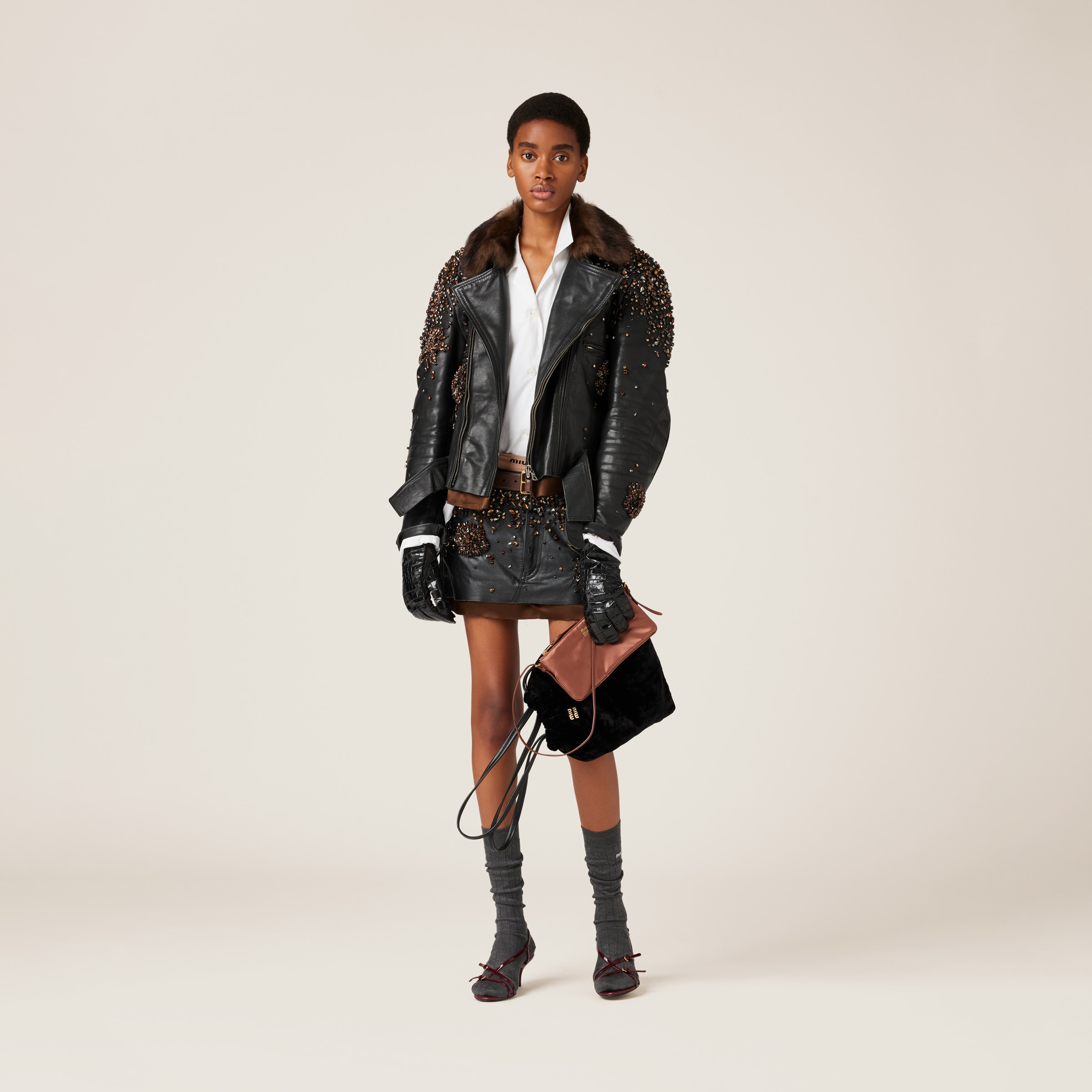 Embroidered leather biker jacket - Collection Collections | Miu Miu