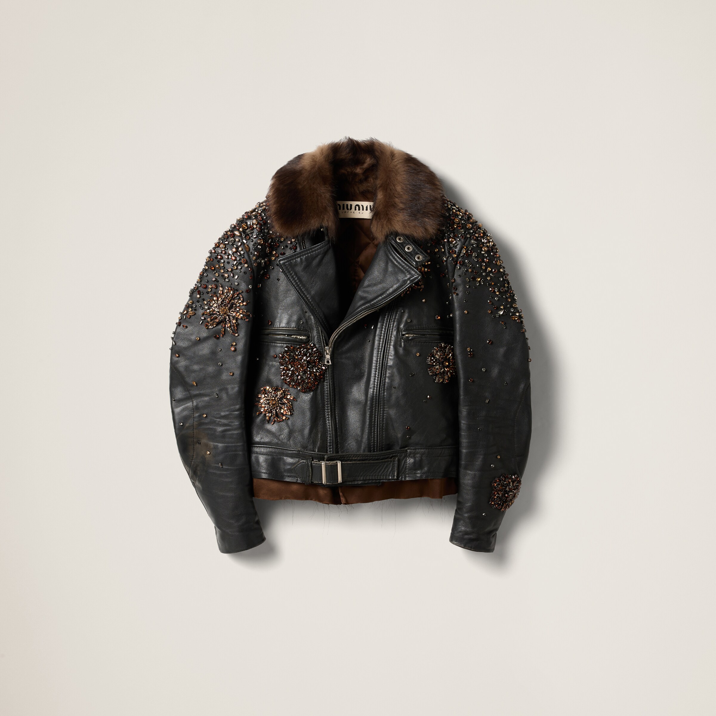 Black Embroidered Leather Biker Jacket | Miu Miu