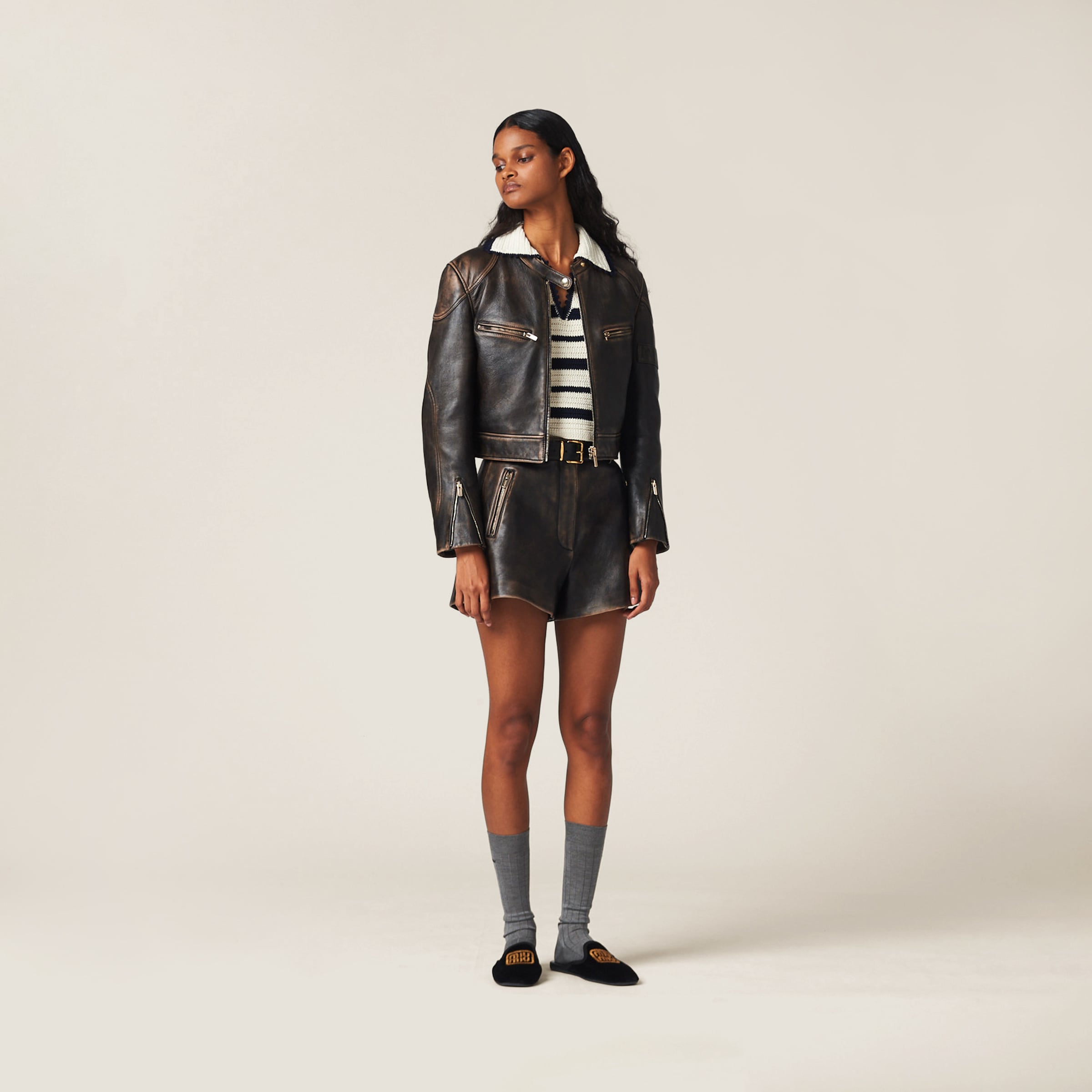Veste En Cuir Nappa Sable/café | Miu Miu