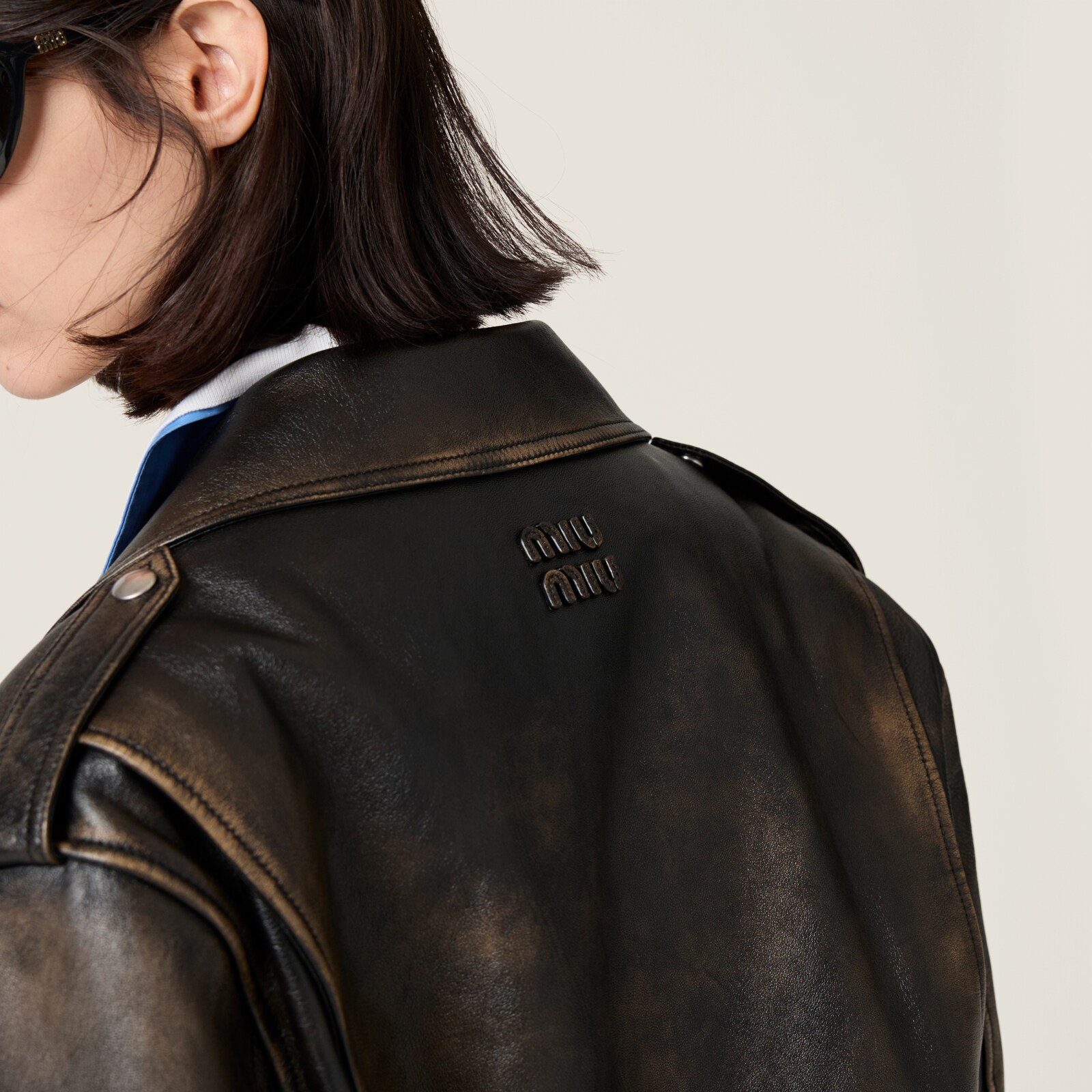 Mustard/black Nappa Leather Biker Jacket | Miu Miu - United States