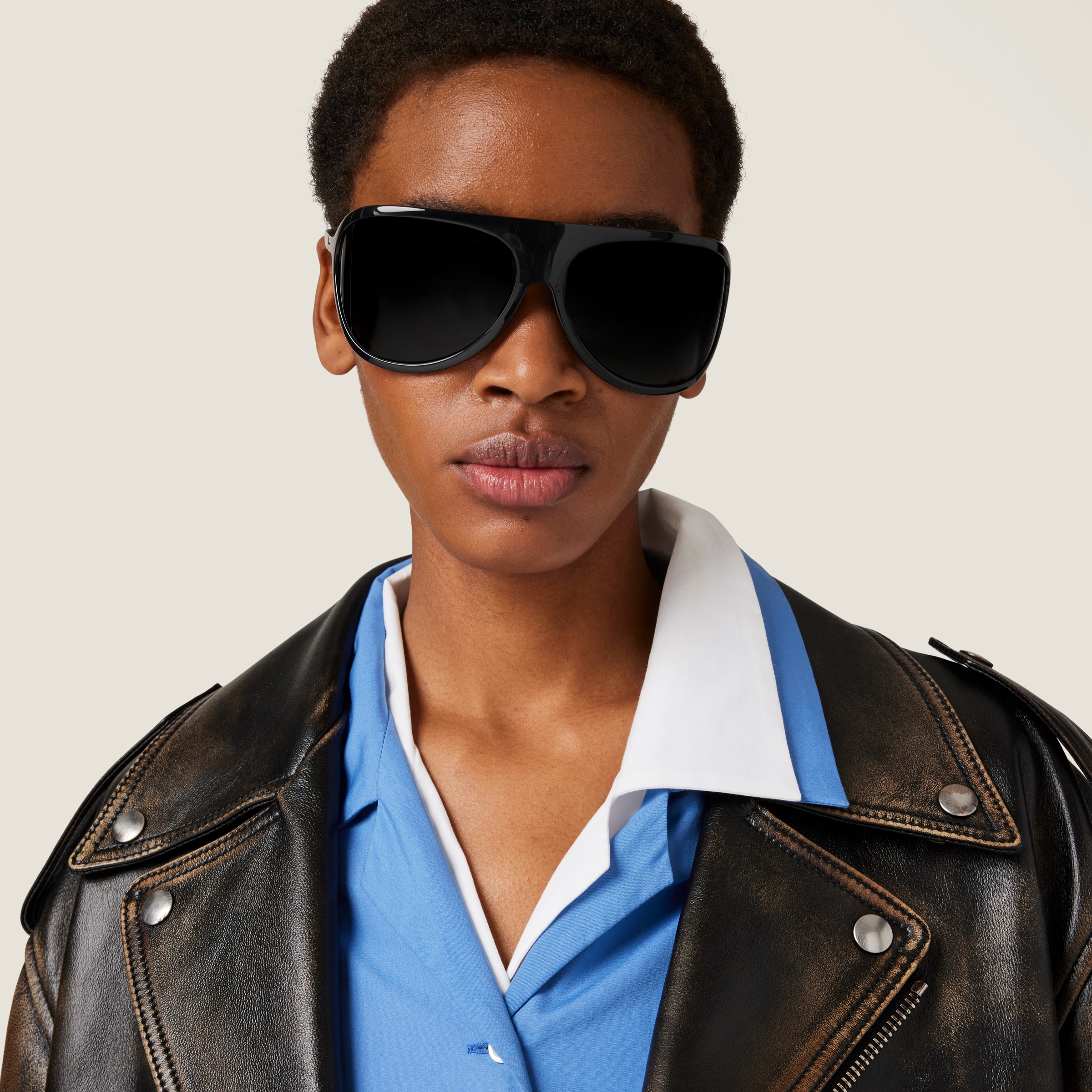 Mustard/black Nappa Leather Biker Jacket | Miu Miu