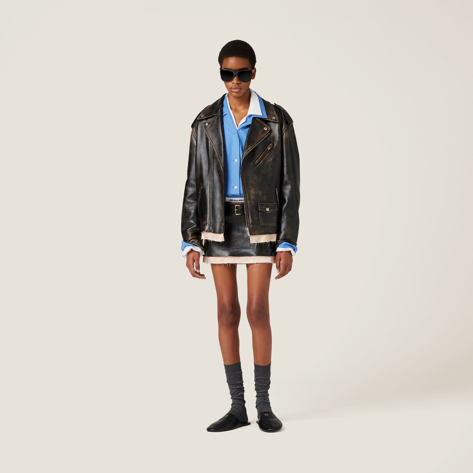 Mustard/black Nappa Leather Biker Jacket | Miu Miu - United States