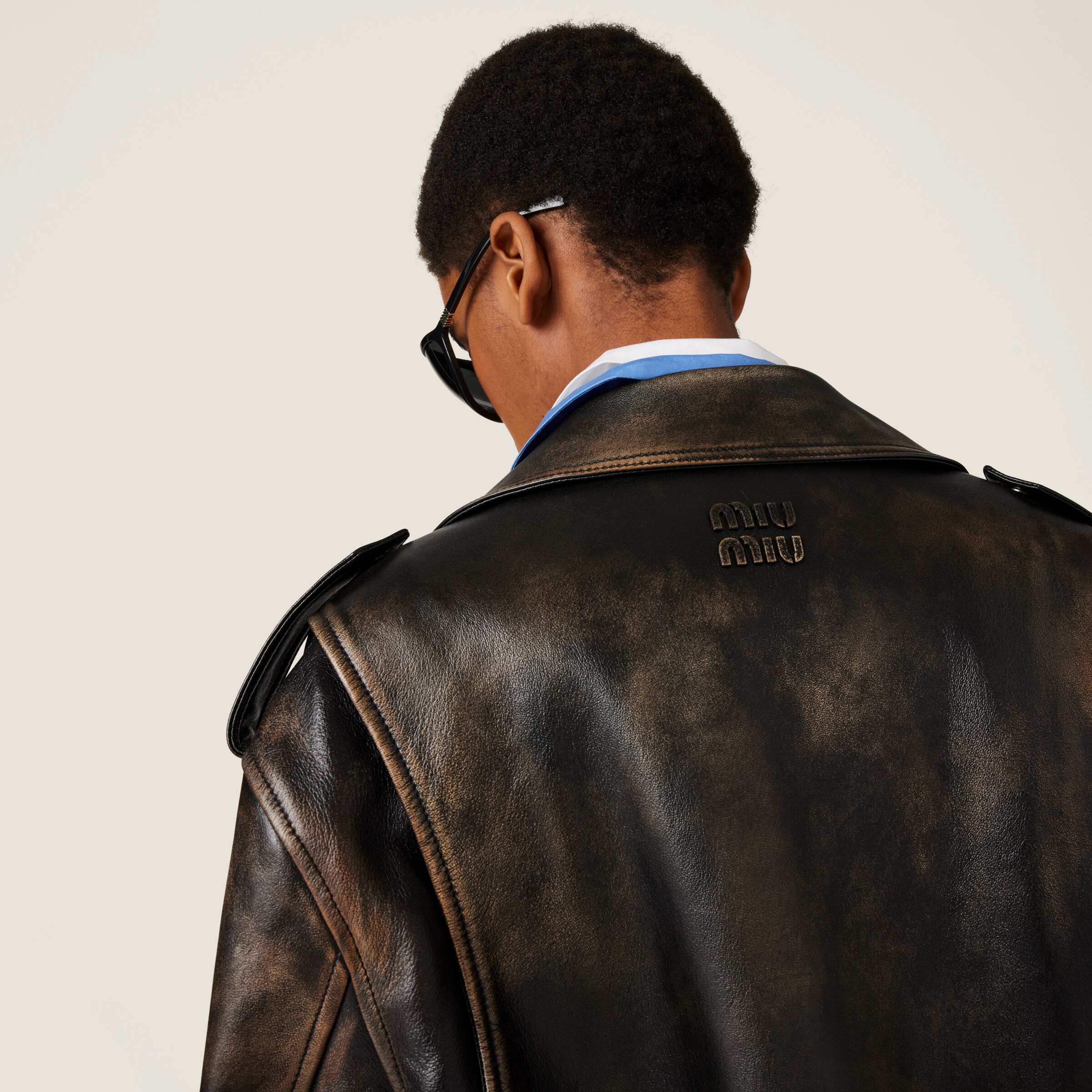 Mustard/black Nappa Leather Biker Jacket | Miu Miu