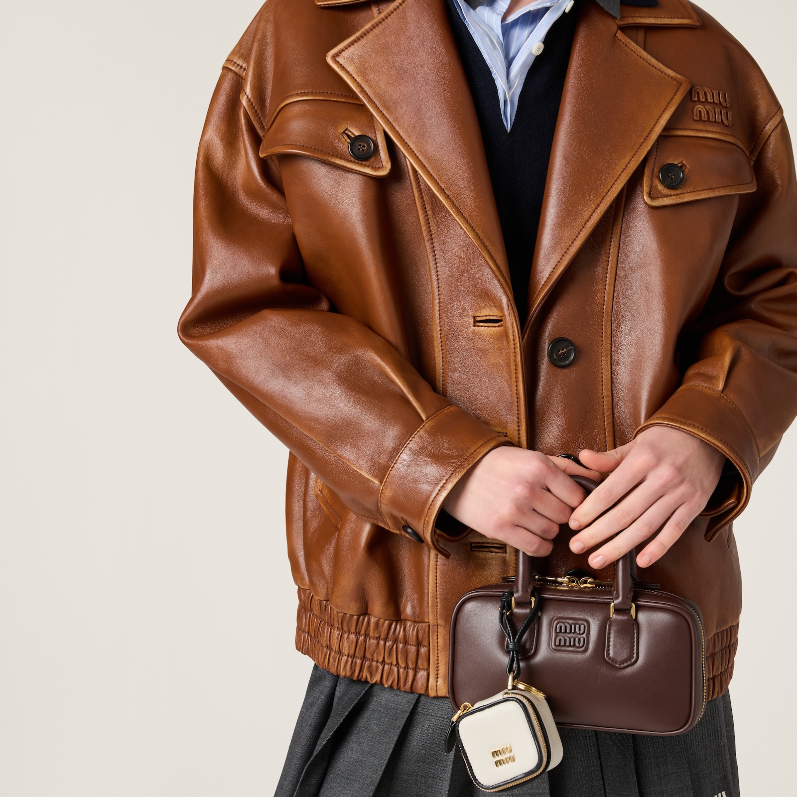 Sandy Beige/brandy Nappa Leather Jacket | Miu Miu