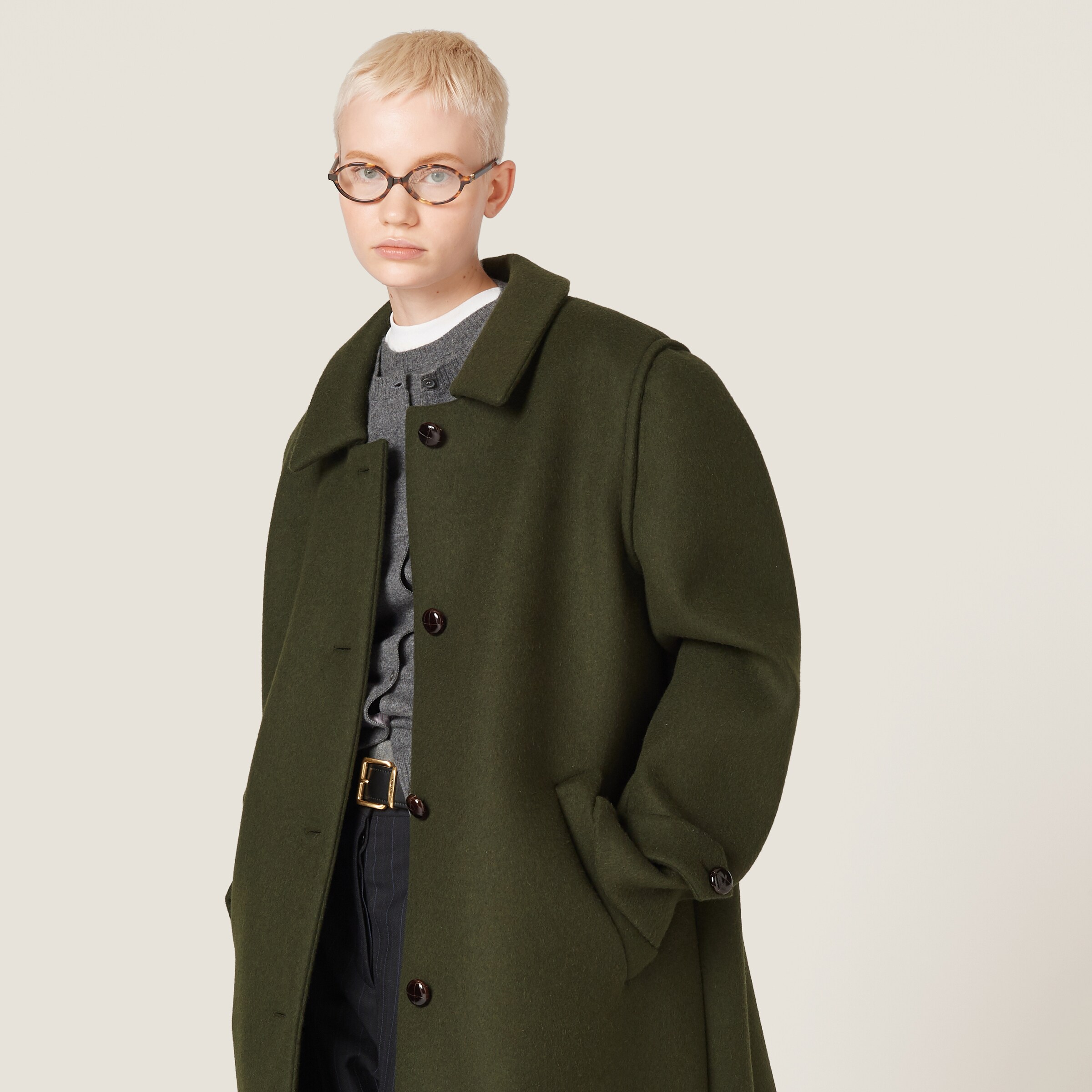 Loden Green Single-breasted Loden Cloth Coat | Miu Miu