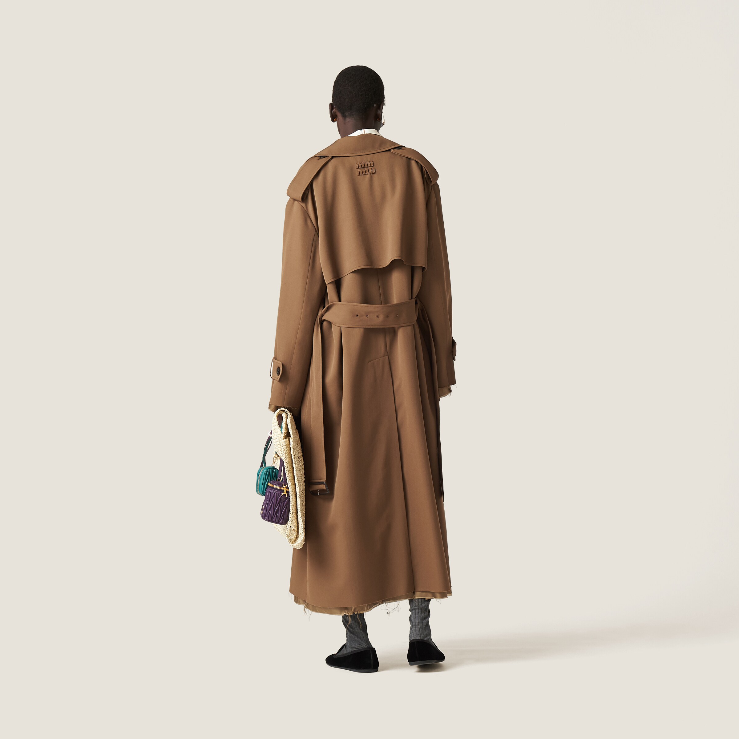Cork Beige Double-breasted Gabardine Coat | Miu Miu
