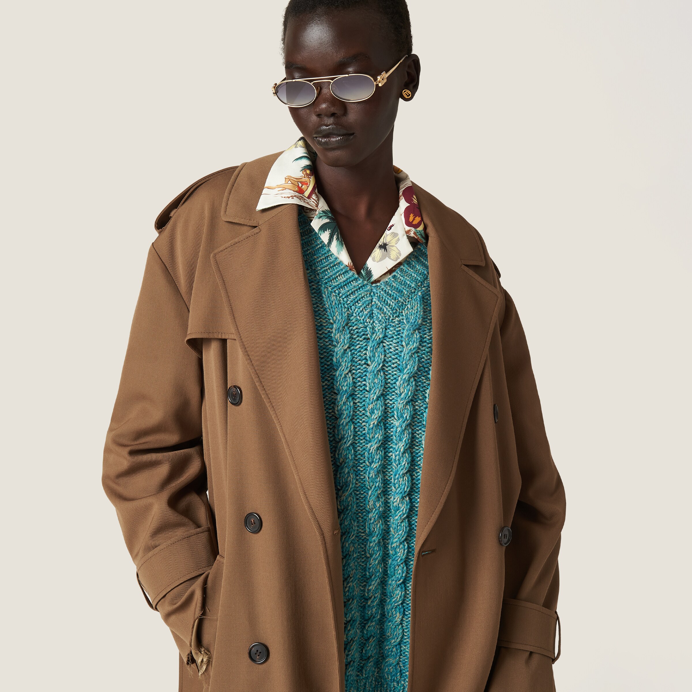 Cork Beige Double-breasted Gabardine Coat | Miu Miu
