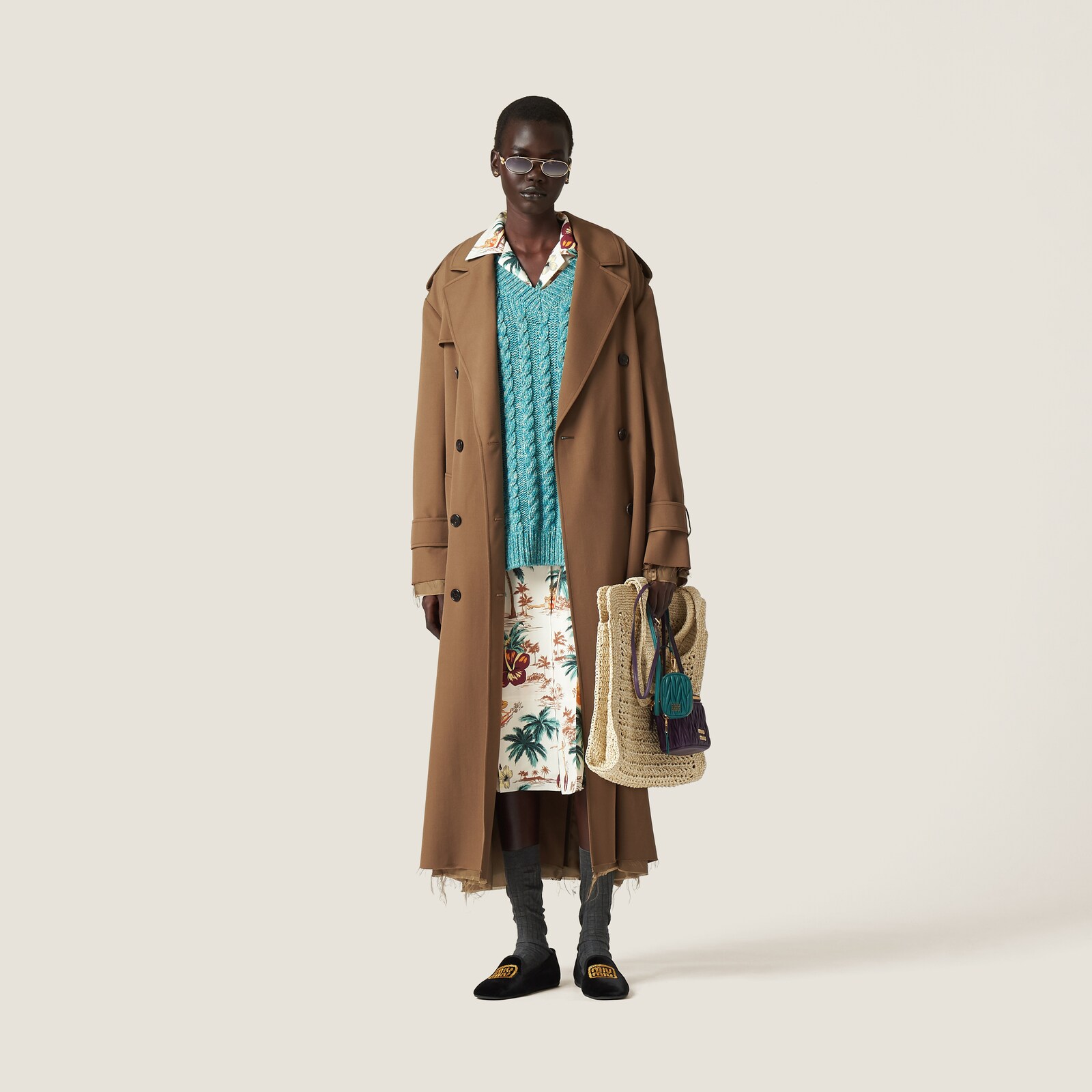 Cork Beige Double-breasted Gabardine Coat | Miu Miu